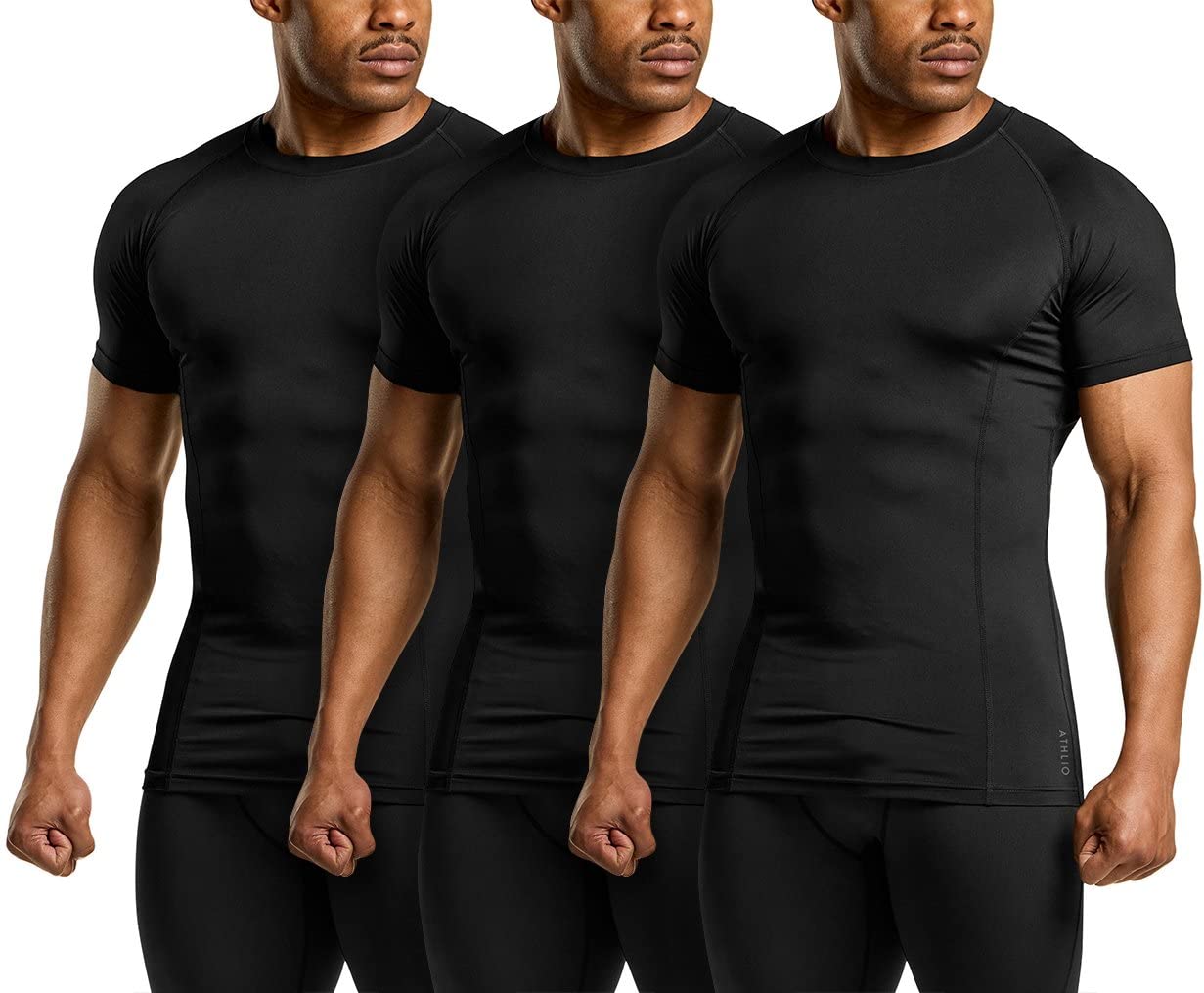 ATHLIO Men's Cool Dry Short Sleeve Compression Shirts, Sports Baselayer T-Shirts Tops, Athletic Workout Shirt, 3pack Tops Black/Black/Black, Small