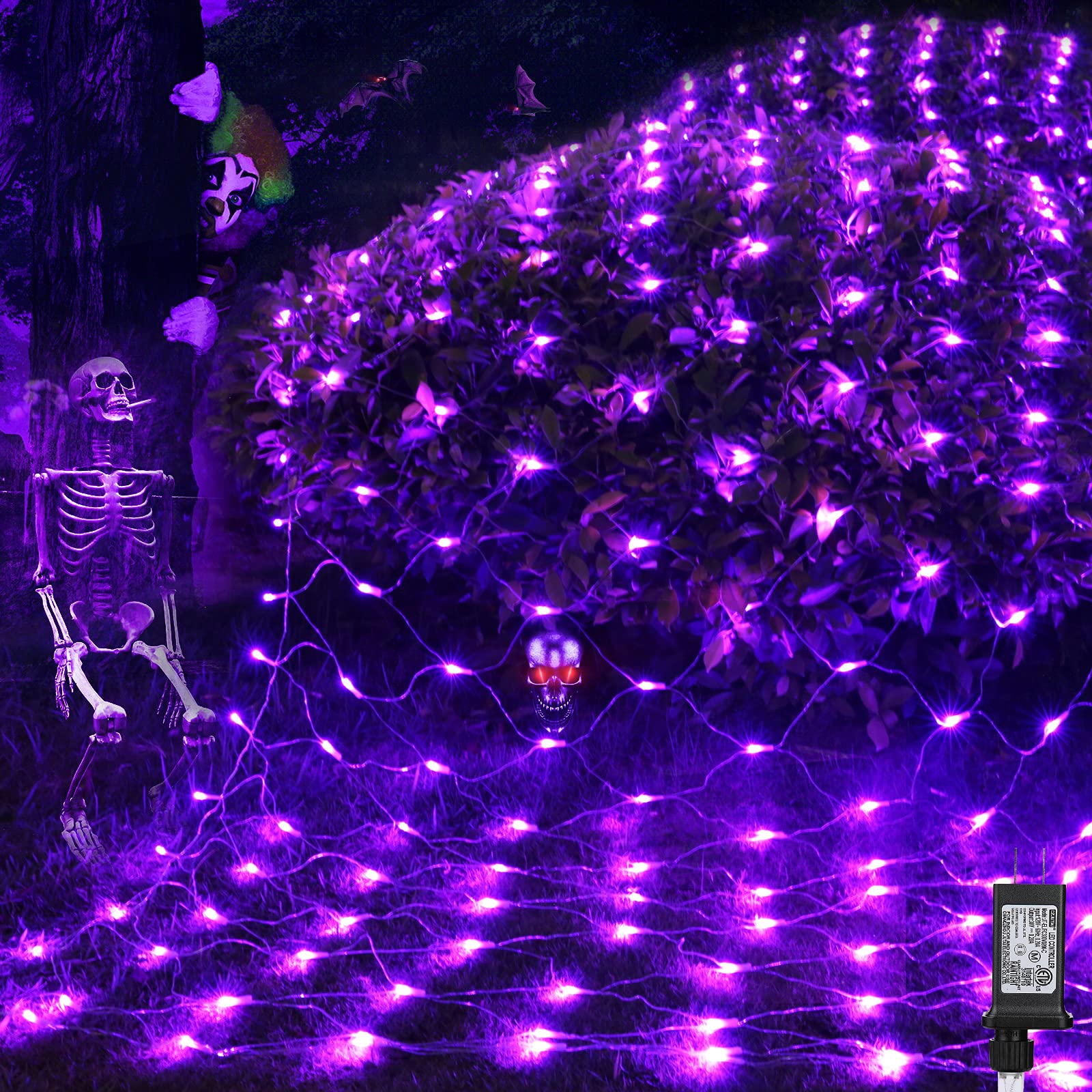 LYHOPE 6.6ft x 3.3ft 160 LED Halloween Net Lights, 8 Modes Low Voltage Mesh Halloween Decorations Lights for Xmas Trees, Bushes, Garden, Outdoor, Indoor, Carnival, Party Decor (Purple)