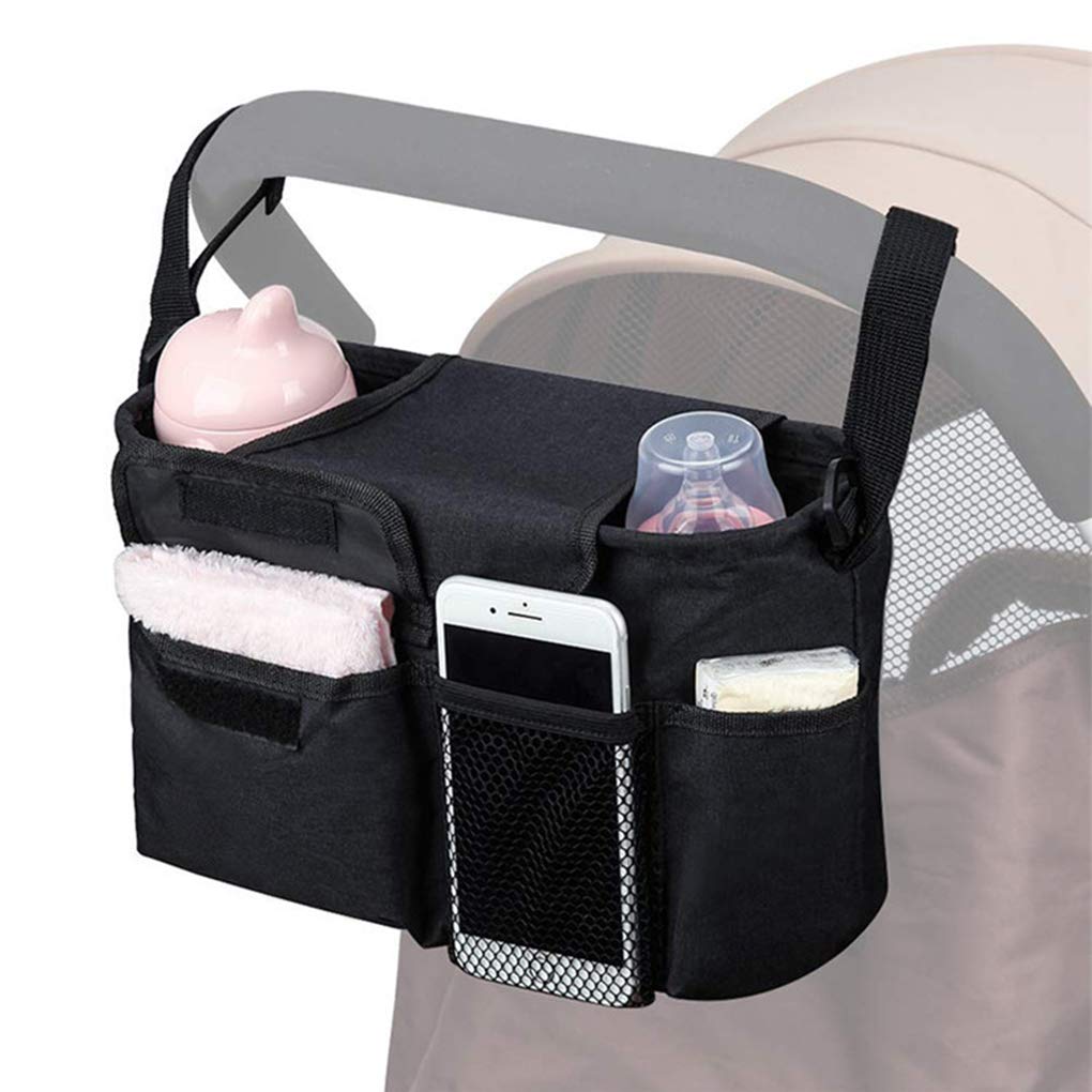Baby Stroller Organizer, Universal Stroller Storage Bag with Insulated Cup Holders - Detachable Shoulder Strap, Stroller Accessory for Smart Moms,Compact Design Fit All Strollers(Black)