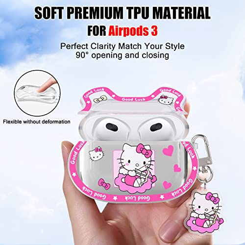 Cute Cat Case for AirPod 3rd Generation Cover with Loverly Cartoon Anime Funny Kawaii Pink Cat Keychain for Women Girls Kids,Clear Shockproof Protective Soft Silicone Cover for AirPod 3rd Generation