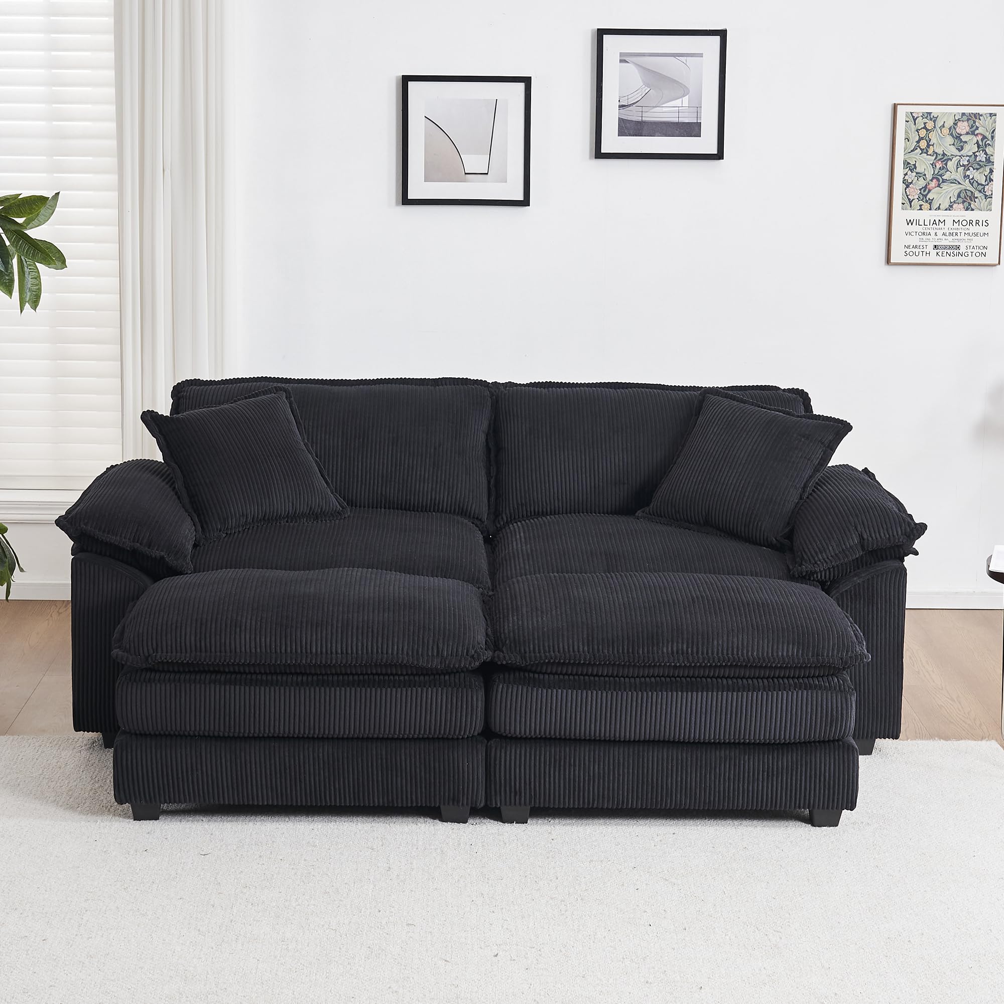 Corduroy Overstuffed Double Chaise Lounge, Oversized Modular 2 Seats Sofa Ottomans & Pillows,Comfy Deep Seat Cloud Couch for Living Room Bedroom Nursery (Black)
