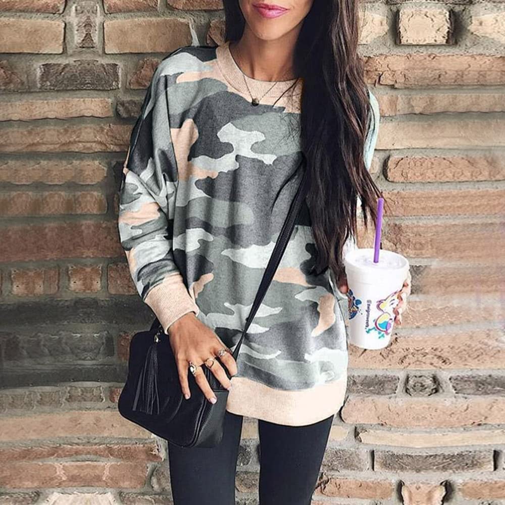 Barlver Women Casual Sweatshirts Fall Loose Lightweight Camouflage Long Sleeves Tops Cute Camo Crewneck Pullover green m
