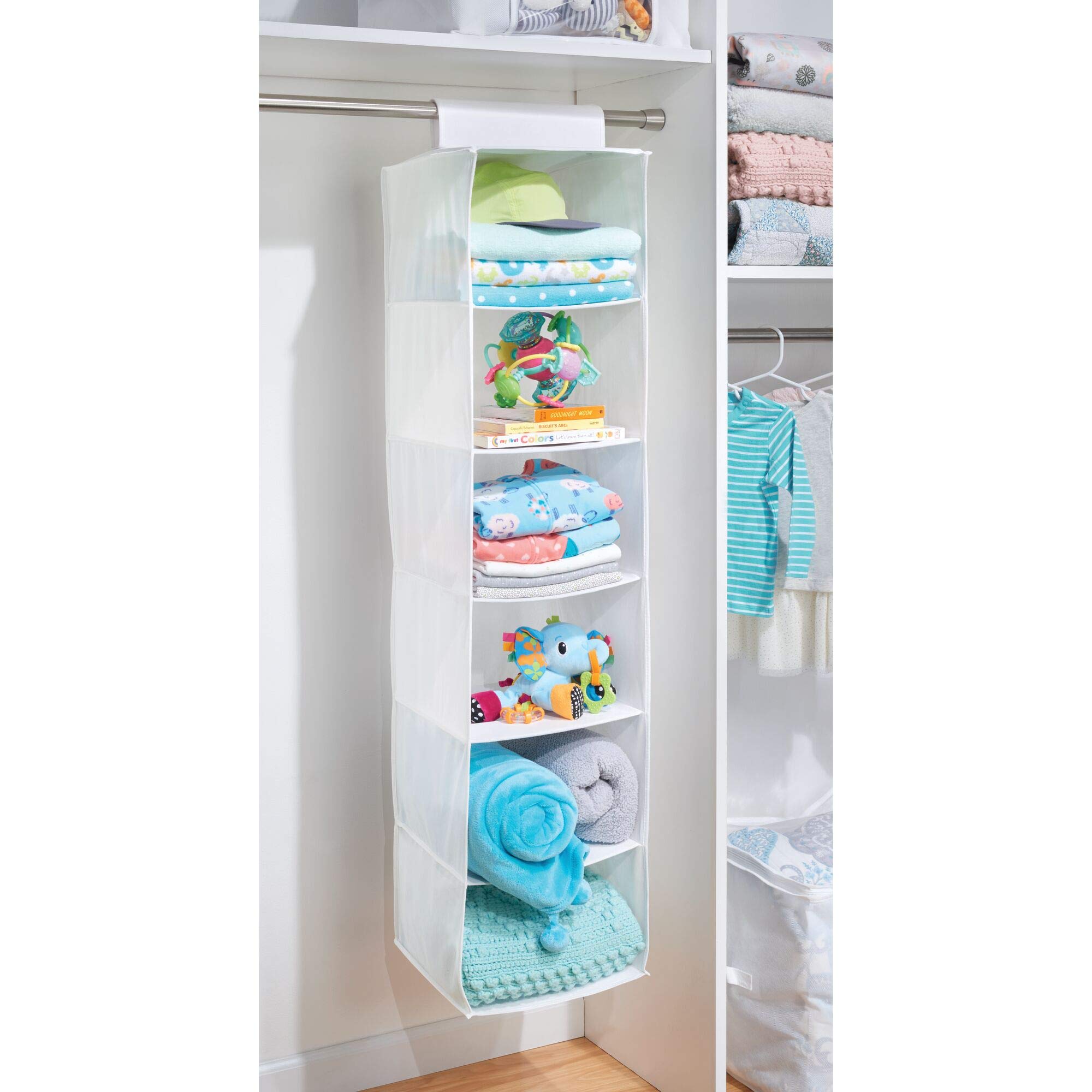 iDesign Fabric 6-Shelf Hanging Closet Storage Organizer for Clothing, Sweaters, Shoes, Accessories in Bedrooms, College Dorms, 11.75" x 11.75" x 50" - White