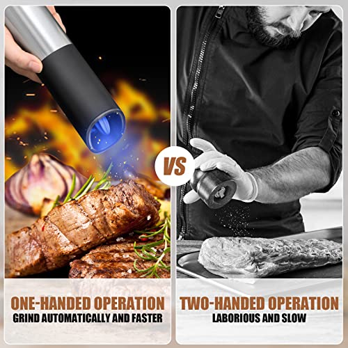 Gravity Electric Salt and Pepper Grinder Set Battery Operated,One Hand Operation Automatic salt and pepper grinder set,Electric Salt and Pepper Shakers with LED Light,Adjustable Coarseness(2 PCS)