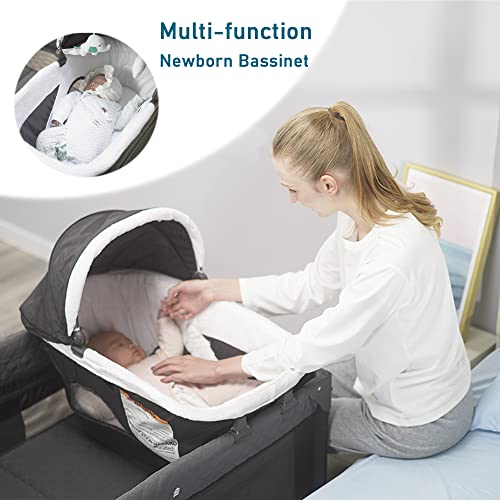 Pamo Babe Portable Crib for Baby, 4 in 1 Baby Nursery Center, Baby Playard with Changing Table, Bassinet and Mattress(Grey）