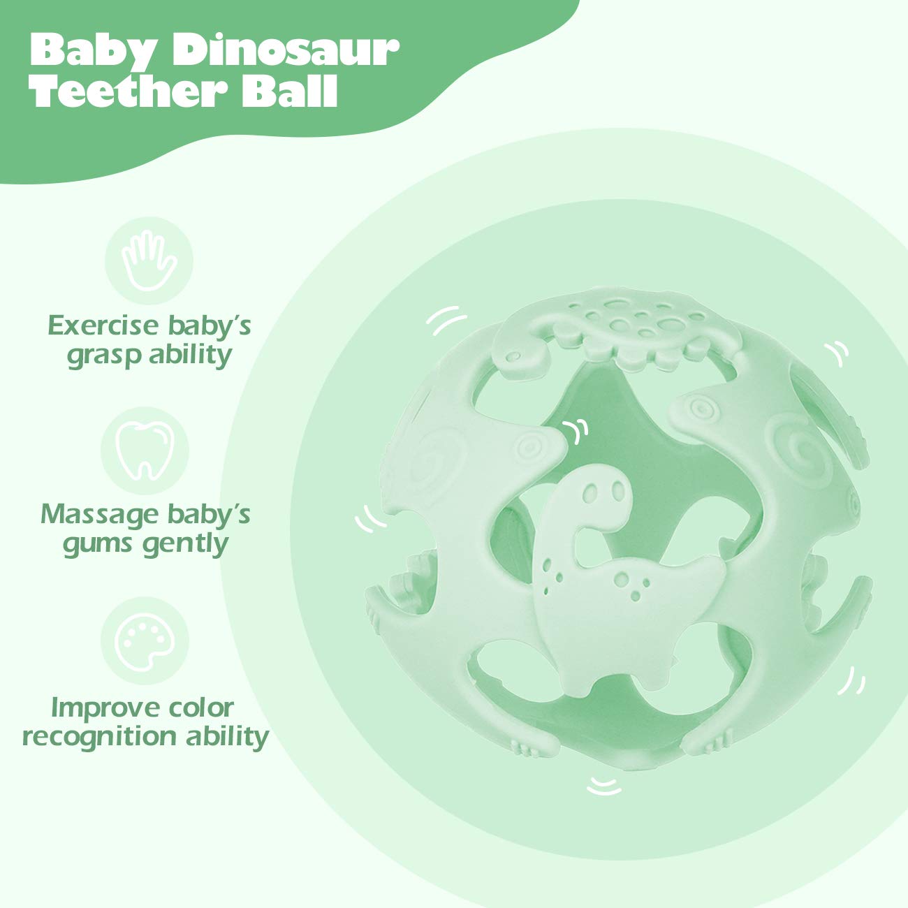Baby Teething Toys for 3+ Months, Dinosaur Teethers for Babies, Safe Baby Teether Ball, Baby Teething Pacifier, Soft and Durable Teething Balls (Mint)
