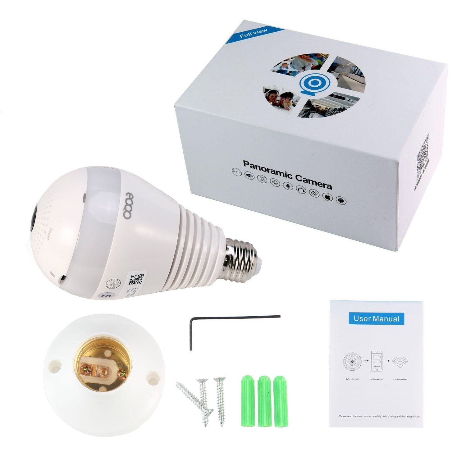 bluedery Light Bulb Camera, 360 Degree Panoramic IP Camera 1080P Fisheye Wireless Security Camera with IR Night Vision, Two-Way Audio, Motion Detection