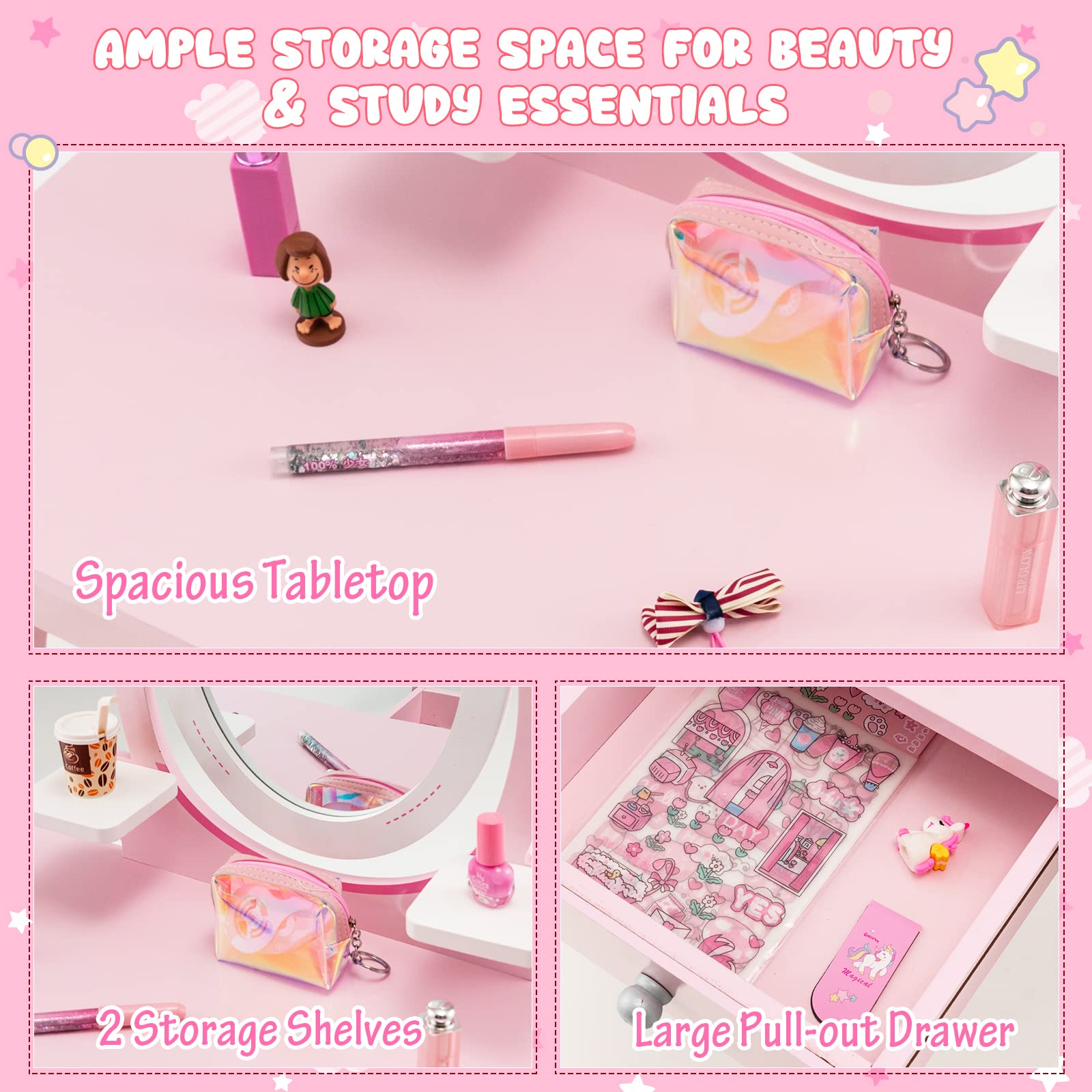 Costzon Kids Vanity Set with Mirror, 2 in 1 Princess Makeup Dressing Table w/Detachable Top, Toddler Vanity with 360° Rotating Mirror, Drawer & Stool, Pretend Play Vanity Set for Little Girls, Pink