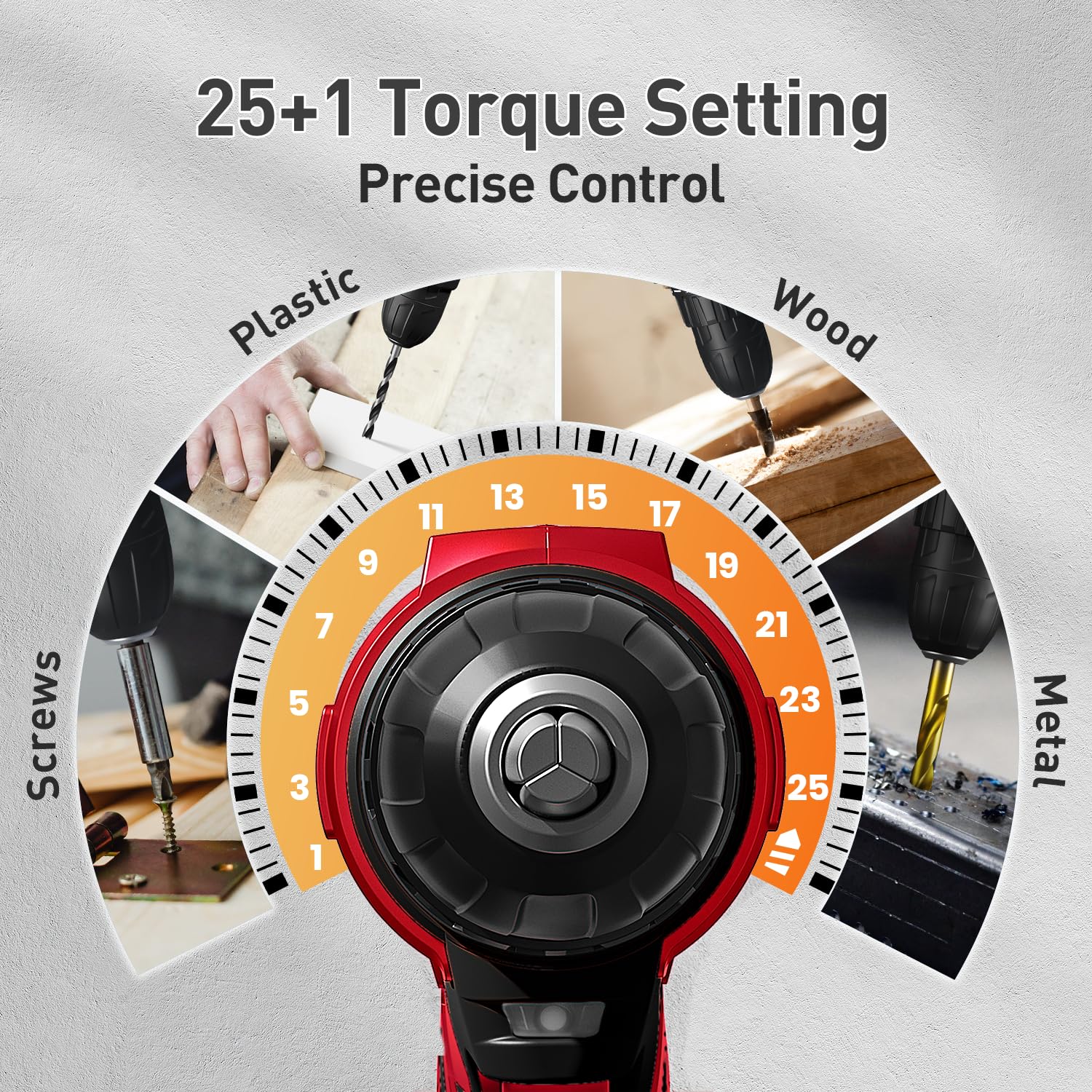Cordless Drill 20V, Drill Set with 42pcs Accessories and Battery 2.0Ah, Electric Drill 25+1 Position, 2 Speed, 3/8 Inch Keyless Chuck, LED Light, Power Drill for Home DIY and Garden Repair