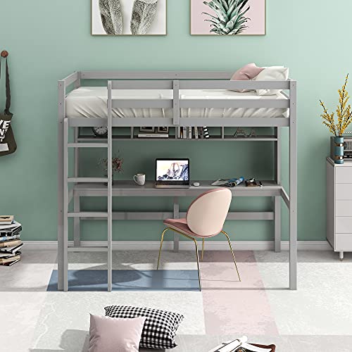 DEYOBED Twin Size Wooden Loft Bed Frame with Desk and Shelves - Create an Efficient and Stylish Workspace for Kids, Teens, and Adults
