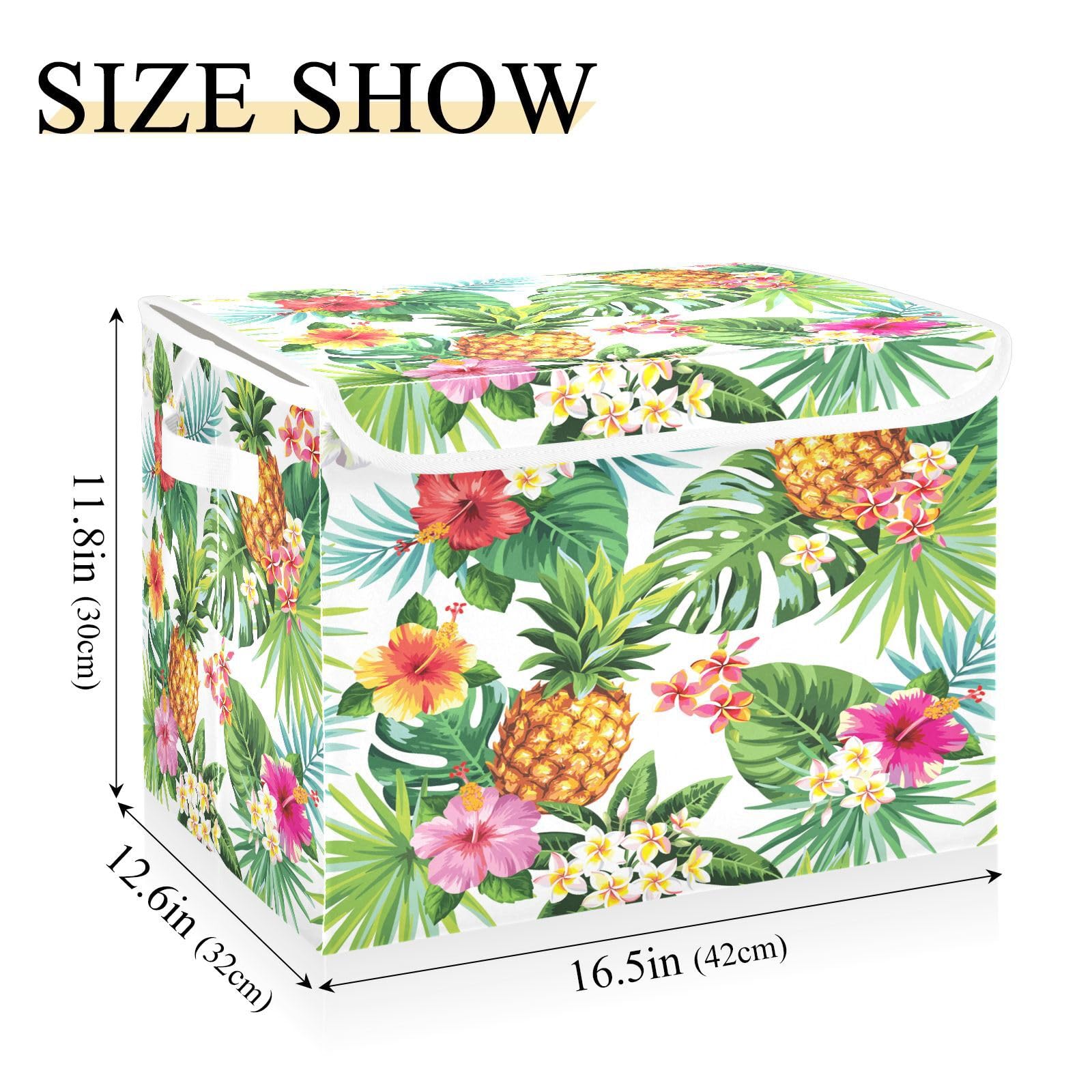 DIGTIA Tropical Pineapple Floral Storage Bins with Lids Large Palm Leaves Summer Storage Basket with Handles Foldable Fabric Storage Box Organizer for Clothes Toys Closet Cabinet Home Office Bedroom
