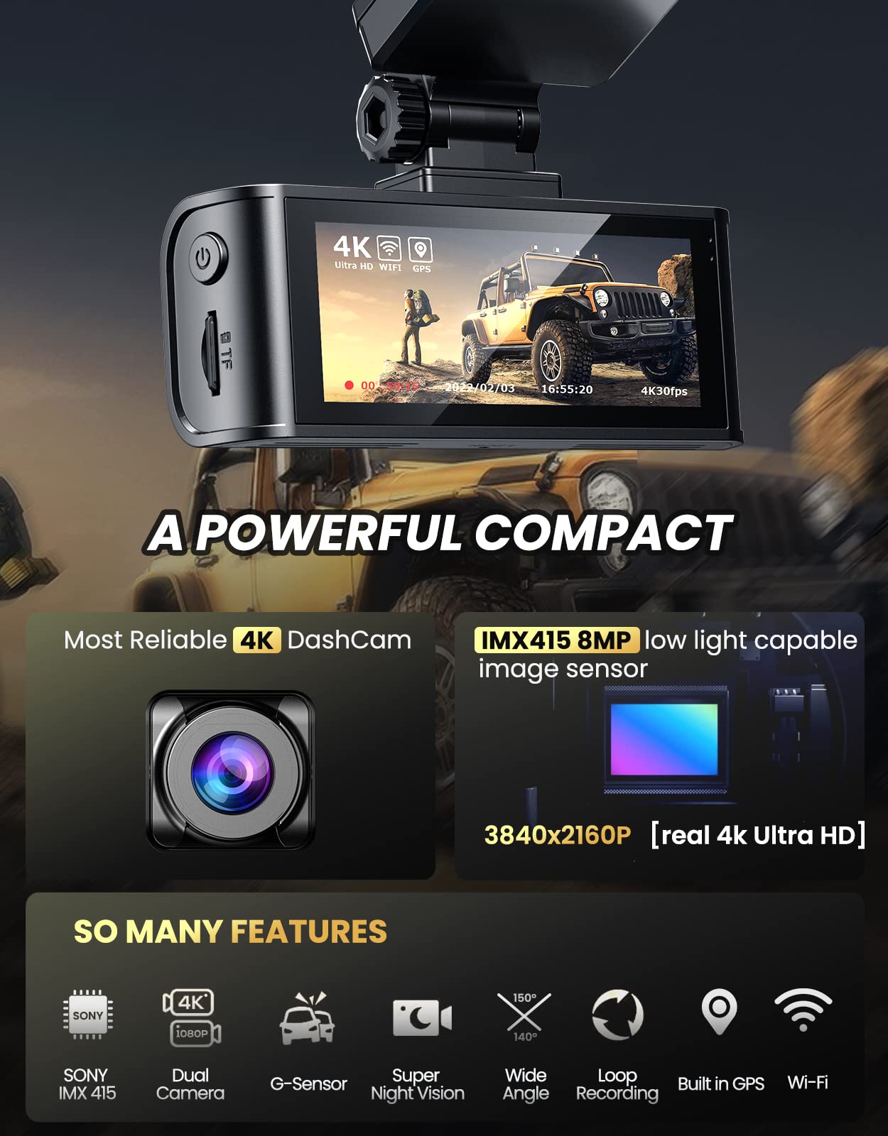 Blueskysea 4K Dual Dashcam, Front Rear Dash Camera Built-in GPS WiFi, Front 4K and Rear 1080P Dual Car Camera,3.16" Display,150° Wide Angle Car Camera with Sony-STARVIS Sensor