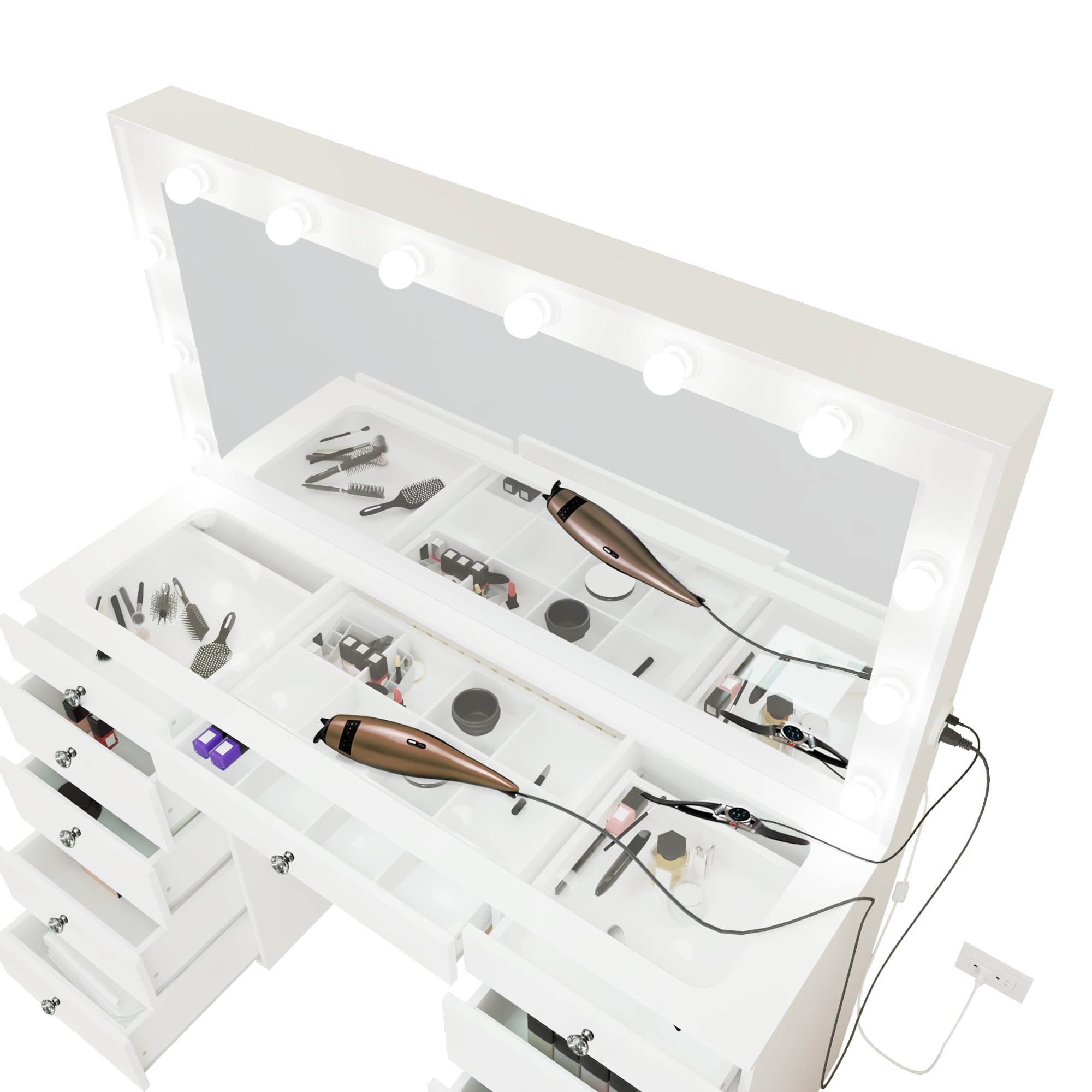 Boahaus Orla Extra Large Makeup Vanity Desk with Lights Built-in, Power Outlet, 11 Drawers, Hollywood Vanity Mirror, Glass Top Vanity, Crystal Knobs, White Big Vanity, 61.02''Hx56.3''Wx20.08''D