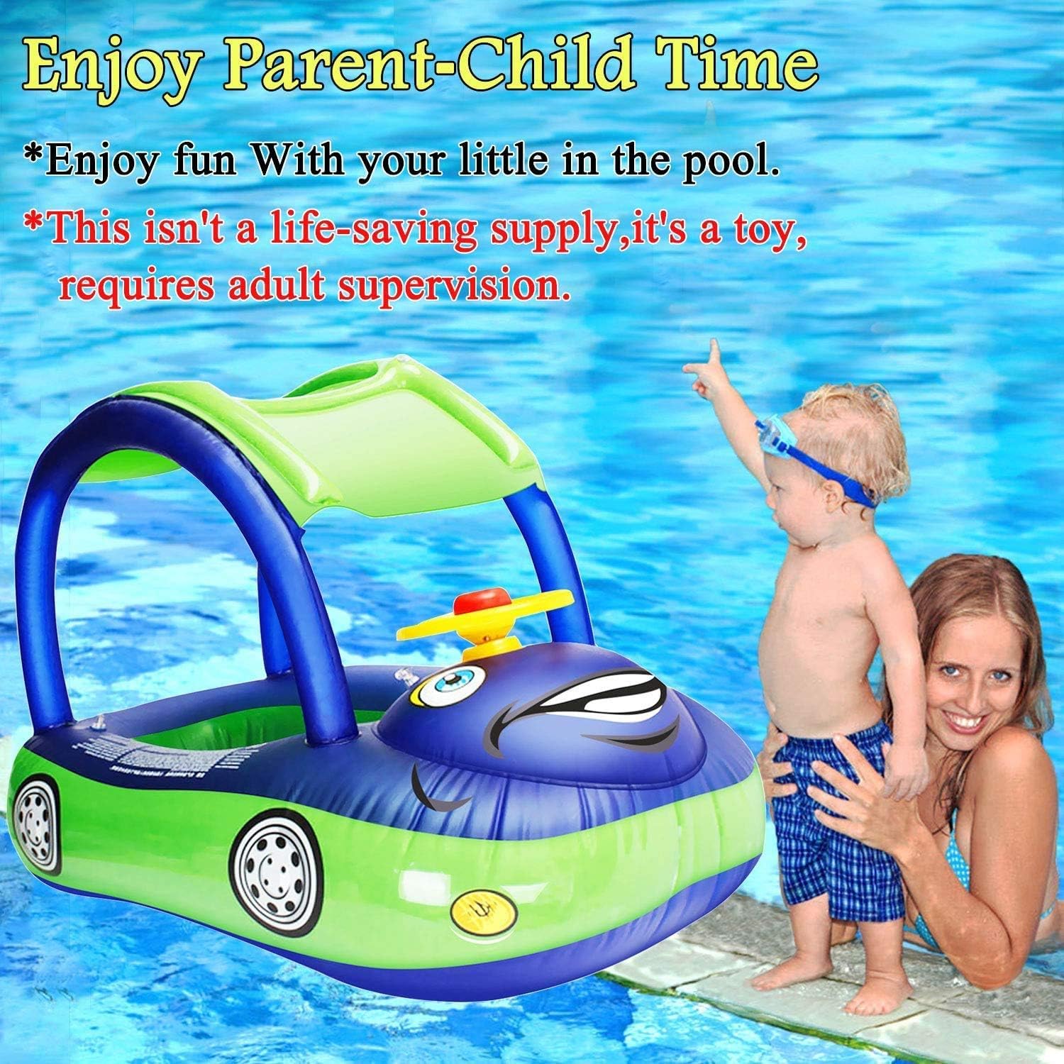 iGeeKid Inflatable Baby Pool Float with Canopy, Safty Seat for Infant Baby Swim Float Rings Car Shaped Swimming Pool Floaties for Baby Toddler Age of 6-36 Months (Blue)