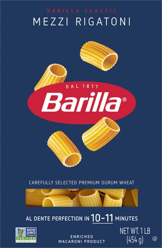 Barilla Mezzi Rigatoni Pasta, 16 oz. Box - Non-GMO Pasta Made with Durum Wheat Semolina - Kosher Certified Pasta