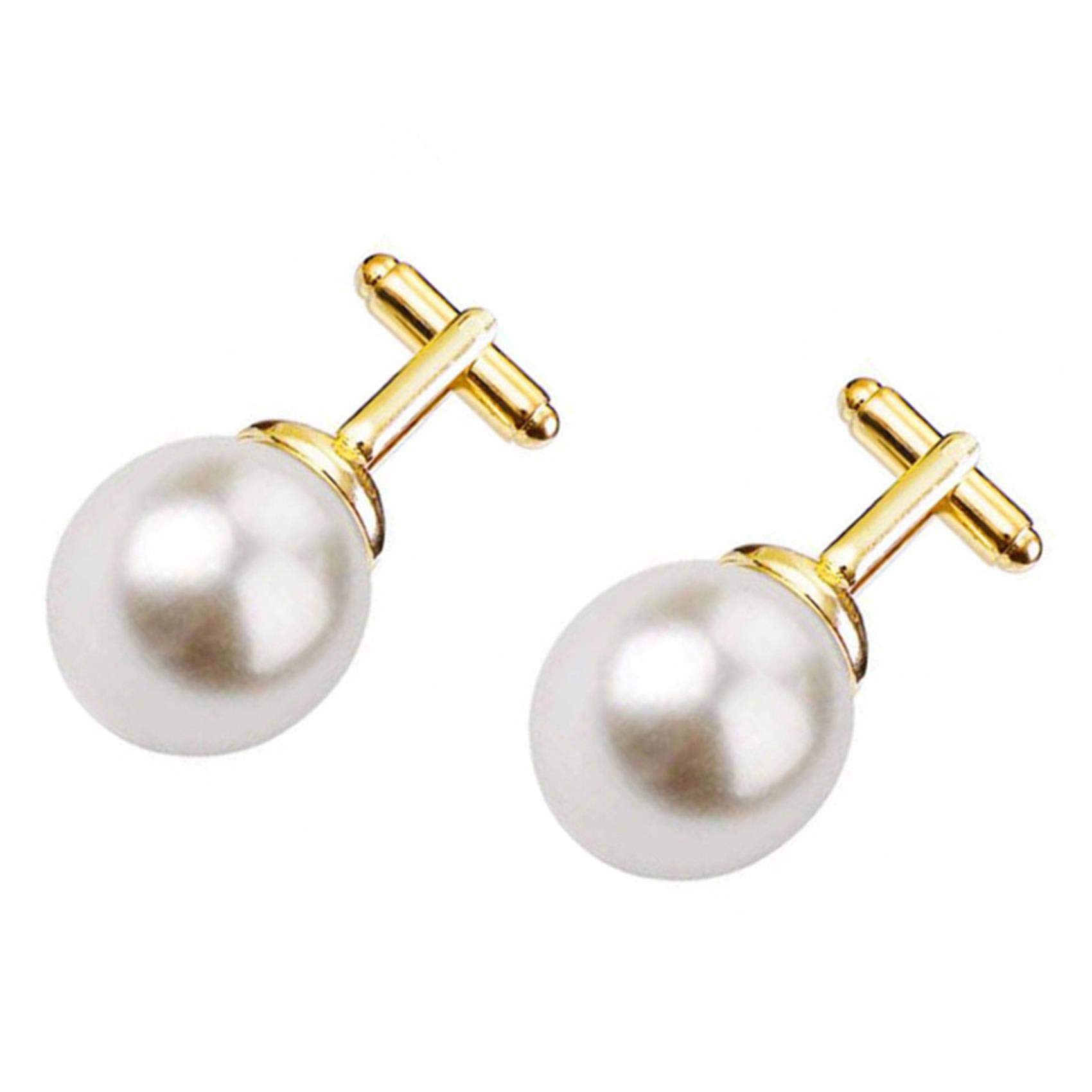 Atmneris Woman Men's Simulated Pearl Cufflinks and Studs for Shirts Business Wedding Formal Suit Cuff Link,gold