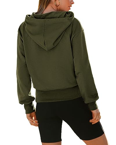 BTFBM Women's Casual Long Sleeve Cropped Hoodies Pullover Fall Winter Fashion Drawstring Sweatshirts Tops Pockets(Solid Army Green, Large)