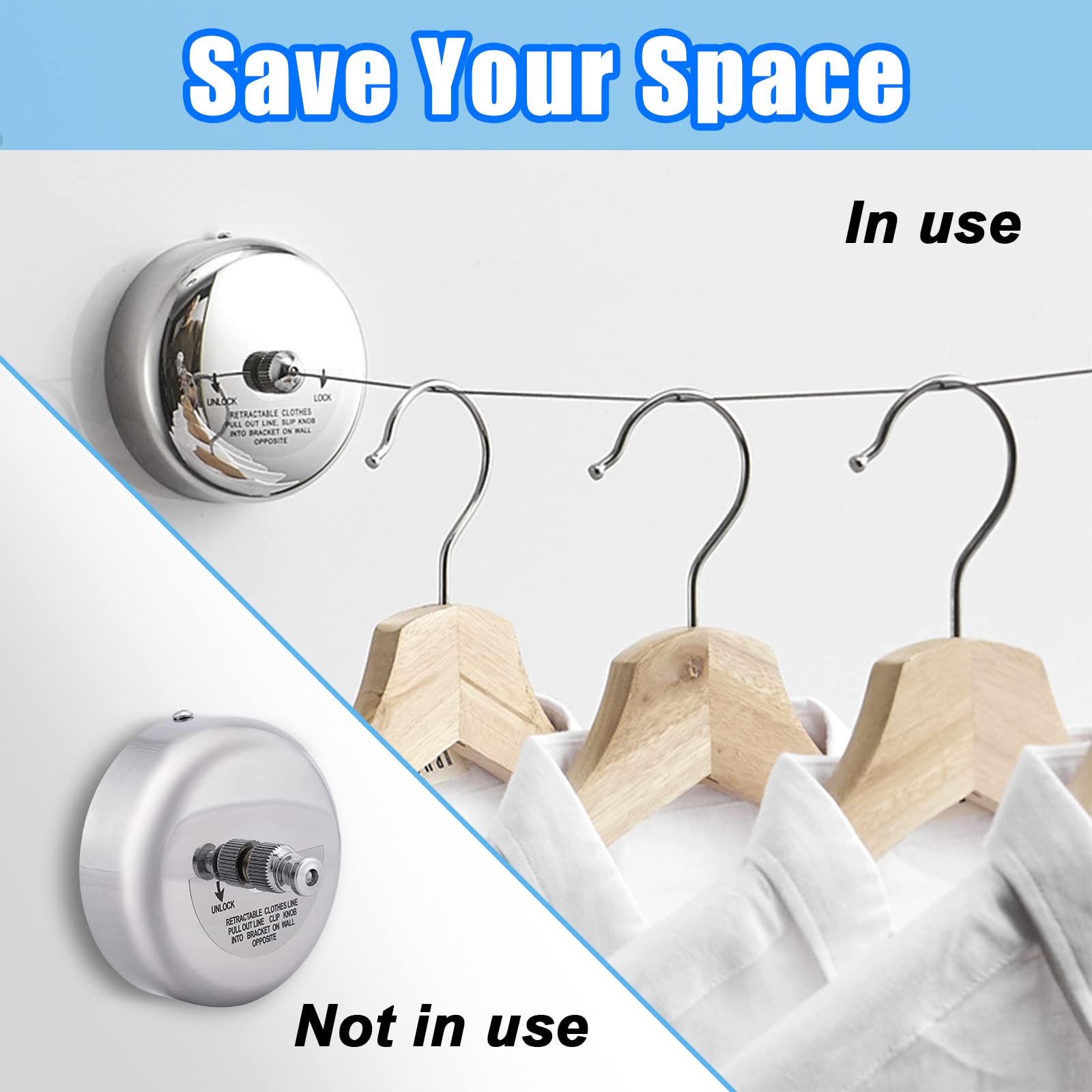 Little World Retractable Clothesline - 304 Stainless Steel Retractable Clothesline Indoor with Adjustable Nylon Rope, Wall Mounted Retractable Laundry Line, Laundry Accessories