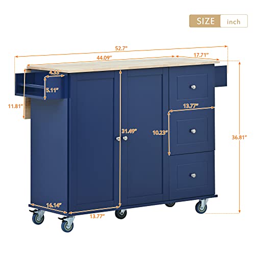FEELLE Rolling Mobile Kitchen Island with Drop Leaf - Solid Wood Top, Locking Wheels & Storage Cabinet 52.7 Inch Width(Dark Blue)