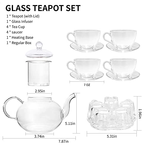 Glass Teapot Set, 40OZ/1200ml Stovetop Safe Glass Tea Kettle with Removable Infuser & Tea Warmer, Tea Cups and Saucers Set of 4, Blooming Tea & Loose Leaf Tea Maker Set for Women