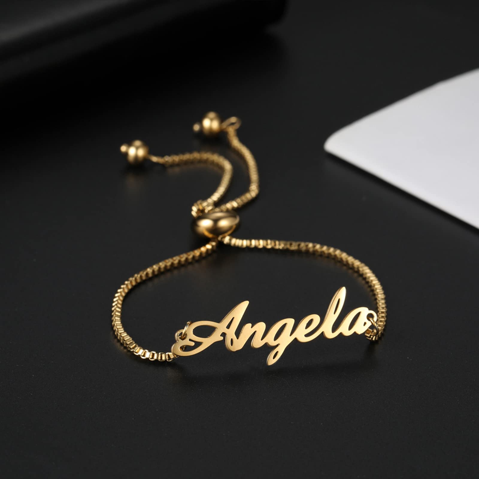 MRENITE 10k 14k 18k Solid Yellow Gold Personalized Name Bracelet β Dainty Name Plate Bracelet - Custom Any Name Gift for Women Adults Wife (Yellow Gold)