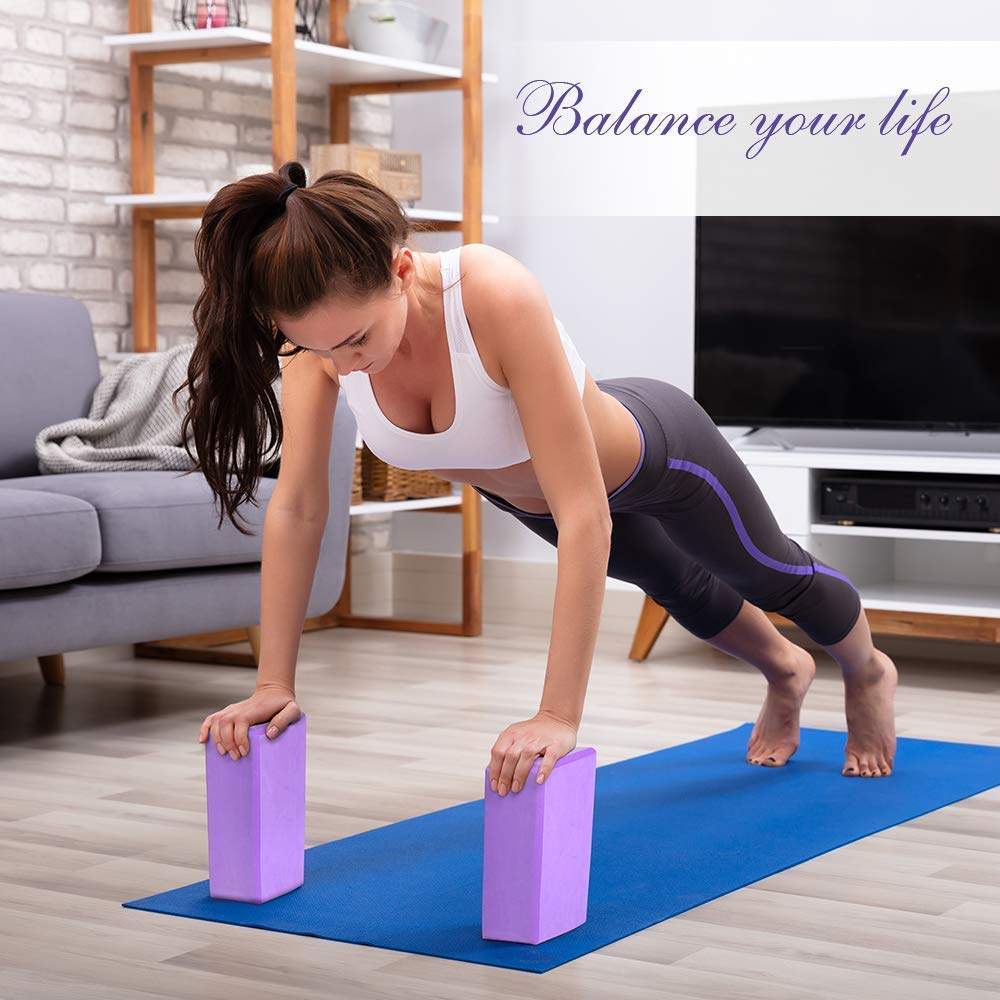 Arltb Yoga Block 2 Pack Yoga Blocks and Strap Set - 4 x 6 x 9 inch (Purple)