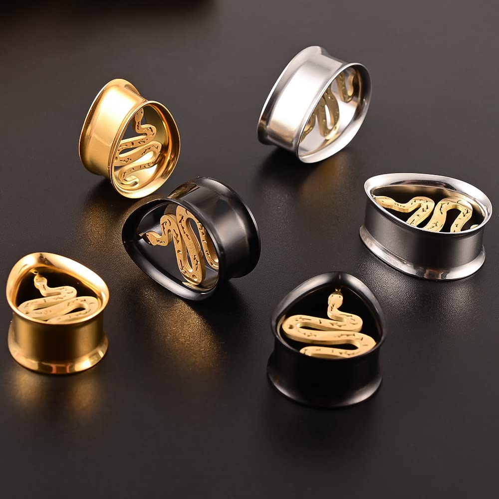 Atomhole 2 Pcs Snake Teardrop Ear Gauges Double Flared Ear Plugs Expander Stretcher Tunnels Piercing Body Jewelry 316 Stainless Steel Ear Gauge Perforated Plug (10mm(00G), Black)