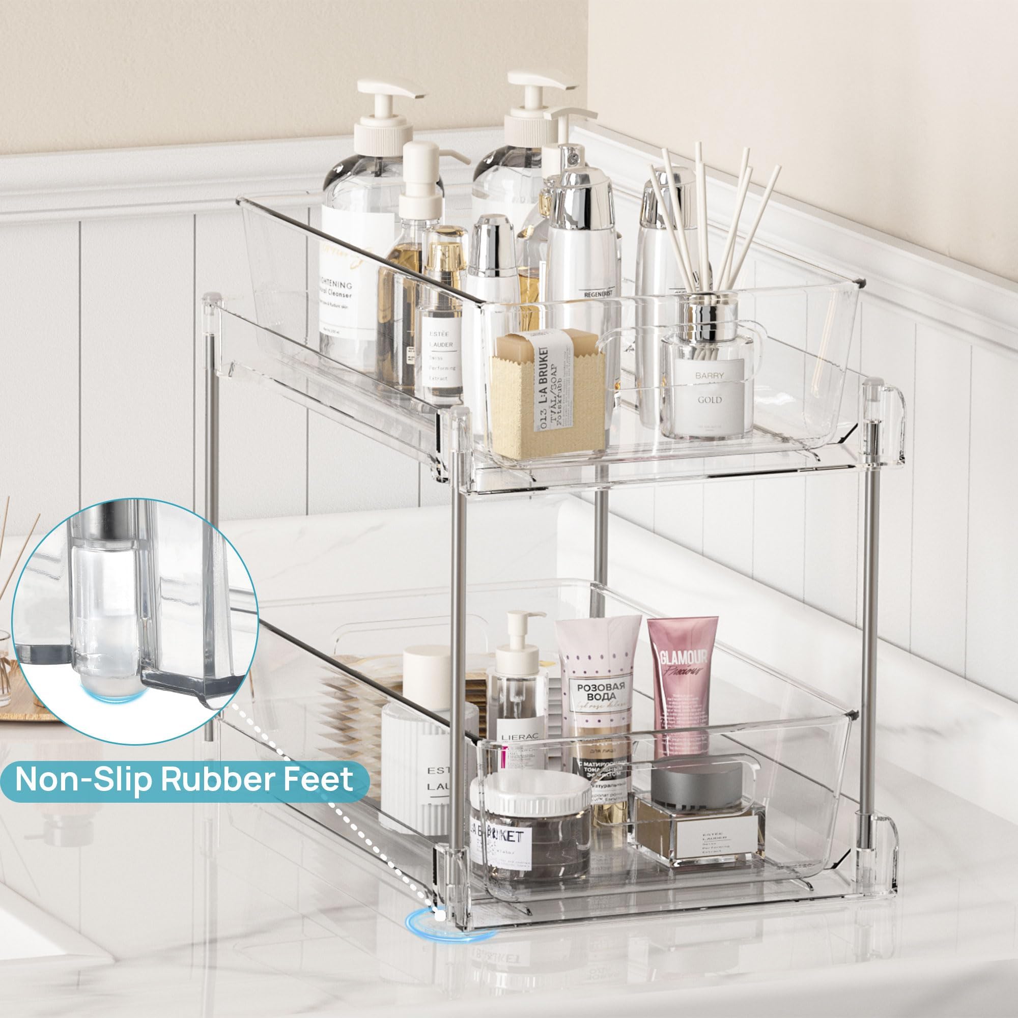 Vtopmart 4 Pack Bathroom Storage Organizer, 2 Tier Clear Under Sink Organizers Vanity Countertop Storage Container, Medicine Cabinet Drawers Bins, Pull-Out Organization with Track for Pantry, Kitchen