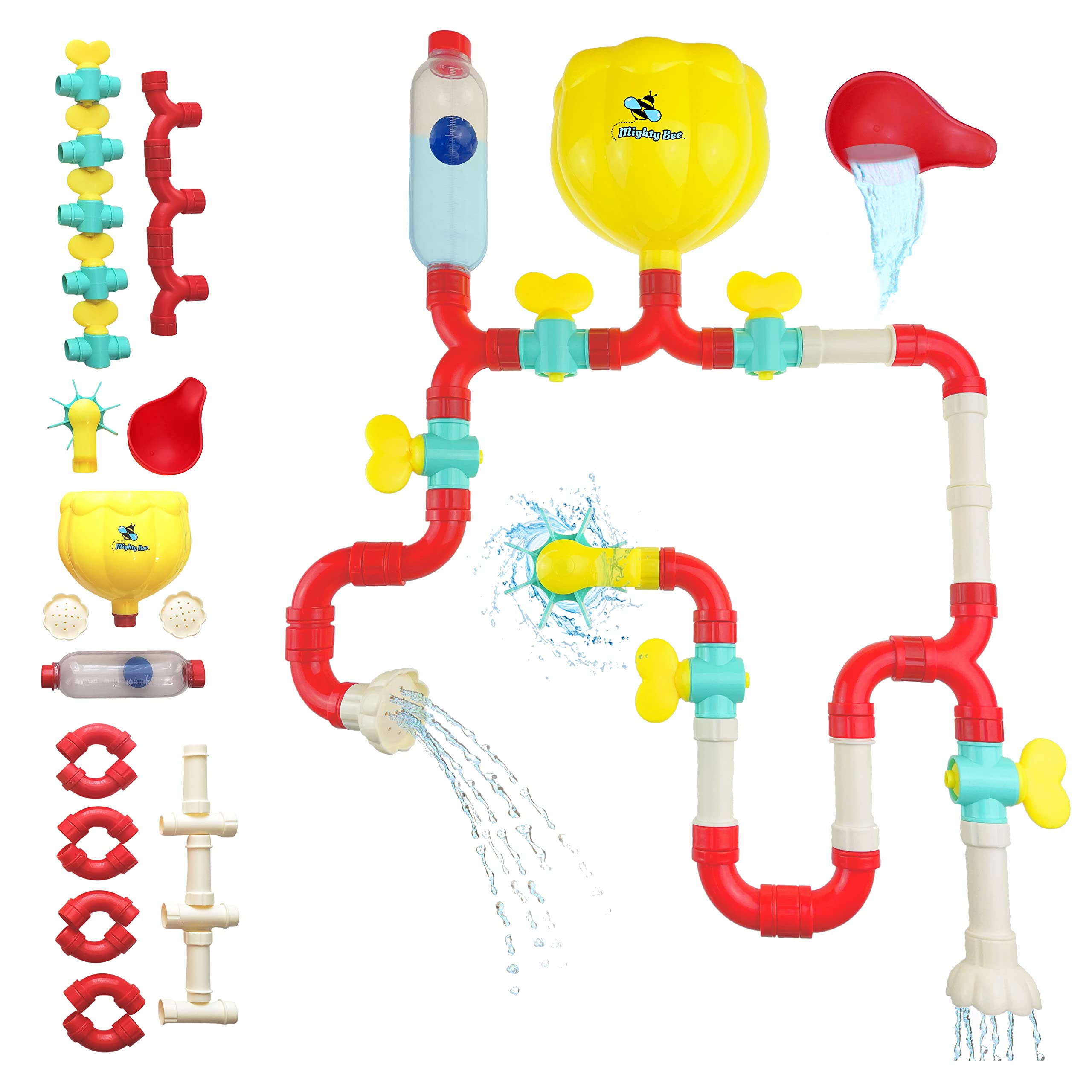 Mighty Bee Bath Toys Expansion Set: Building Toys for Shower or Bath Time. 31 Piece Pipes N Valves Set, Top STEM Learning Toys for Kids Ages 4-8, All the Fun of a Water Table, with Super Suction Cups!