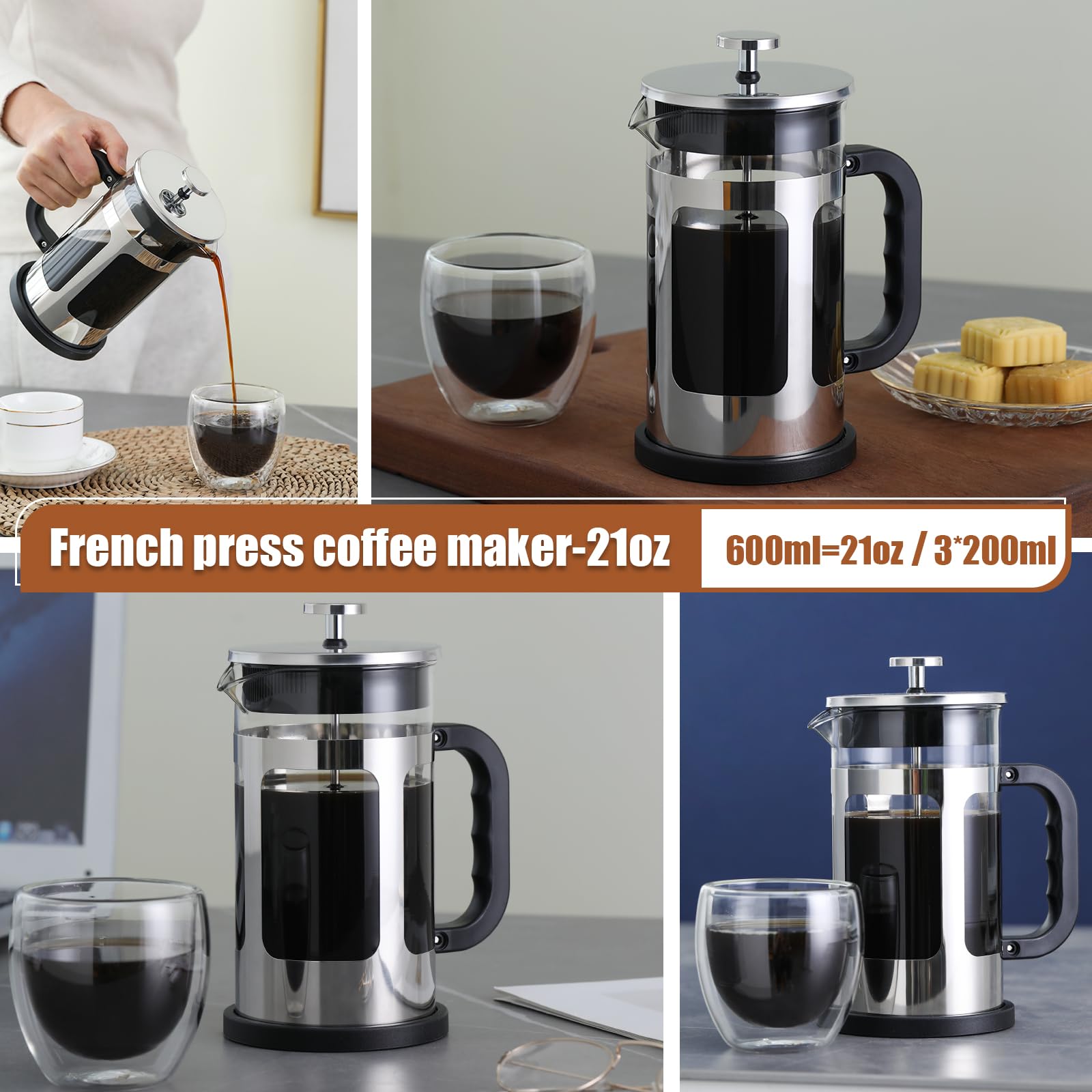 Dircolz French Press Coffee Maker -(21oz) 304 Stainless Steel with 4 Filters System, Heat Resistant Thickness Borosilicate French Press Glass, BPA-Free Brewed Tea Pot Coffee Plunger(Silvery)