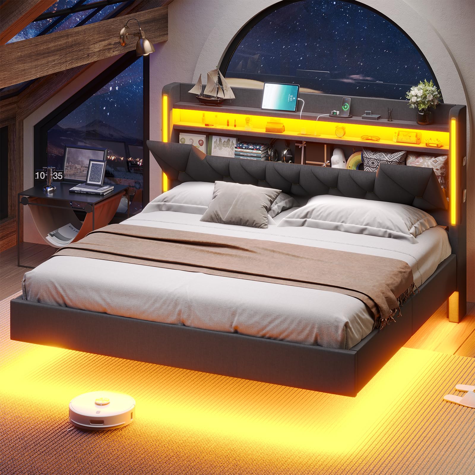 busyaeh King Floating Bed Frame with Hidden Storage Space and Charging Station, RGB Light Fabric Platform Bed with LED Light, No Box Spring Needed, Dark Gray