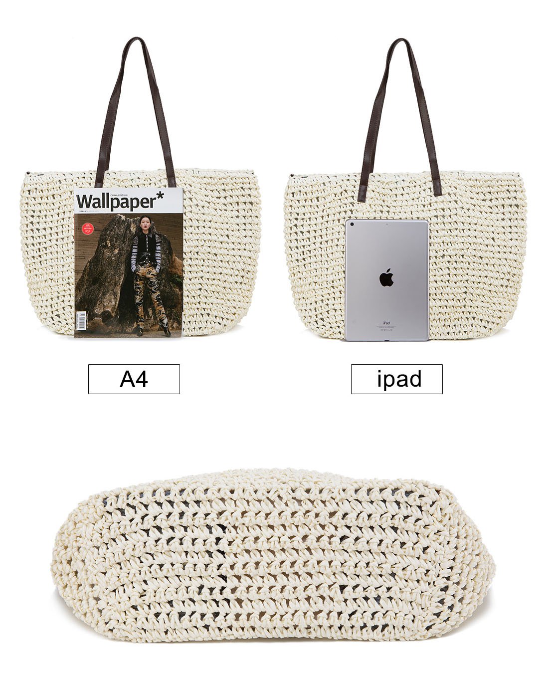 ilishop Women's Classic Woven Straw Tote Summer Beach Weaving Handbag Shoulder Bag (White)