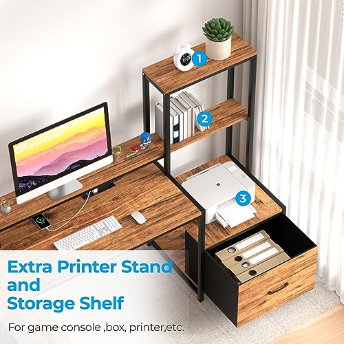 GreenForest 79 in L Shaped Desk with Drawers and Printer Stand and 47 in Computer Desk with USB Charging Port and Power Outlet
