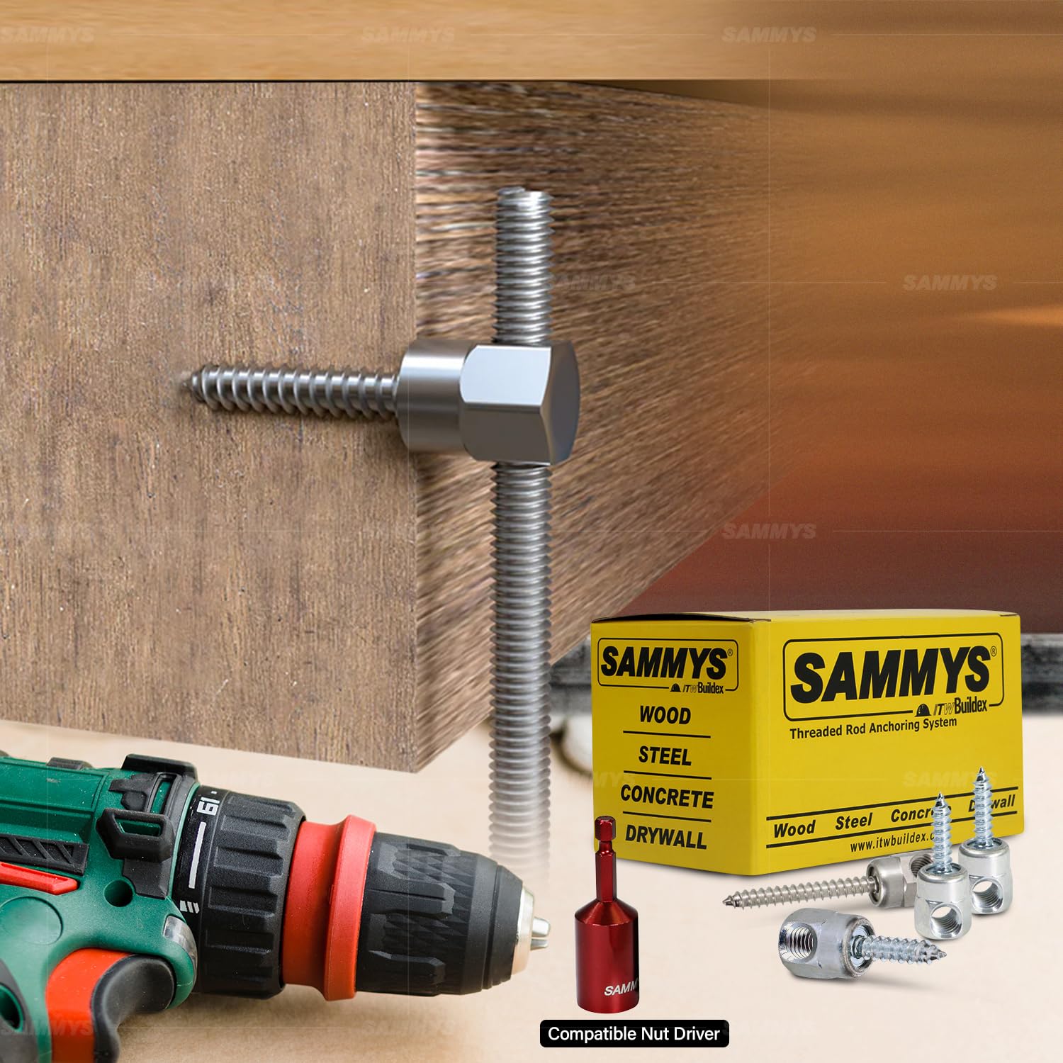Sammys 8020957-25 1/4 x 1'' Horizontal Rod Anchor Super Screw with 3/8 in. Threaded Rod Fitting, for Wood (Pkg.=25) , Zinc