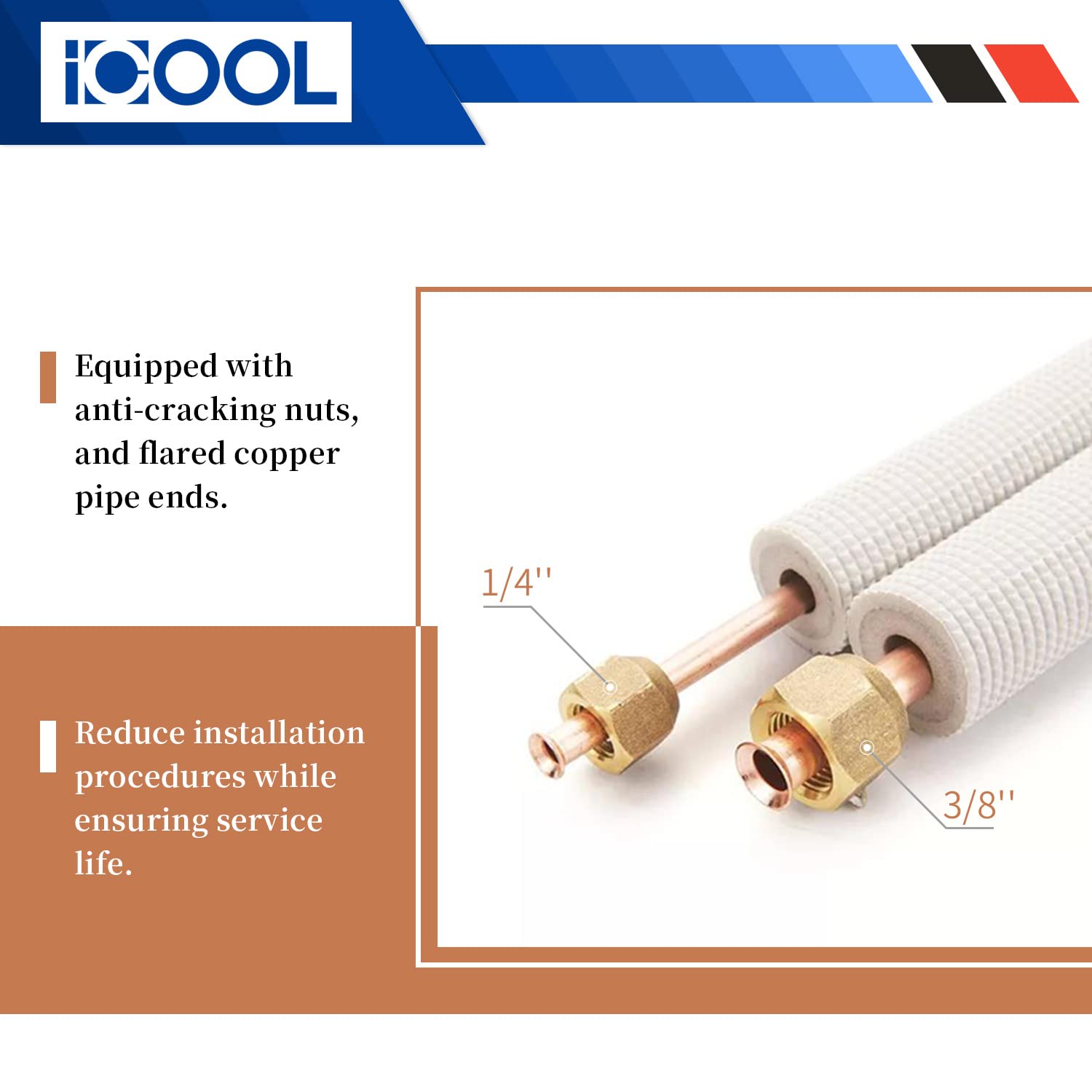 ICOOL 50 Ft. Mini Split Line Set, 1/4" & 3/8" O.D. Twin Copper Pipes, 3/8" Thickened PE Insulated Coil Copper Line with Nuts for Air Conditioner HVAC Refrigeration and Heating Equipment