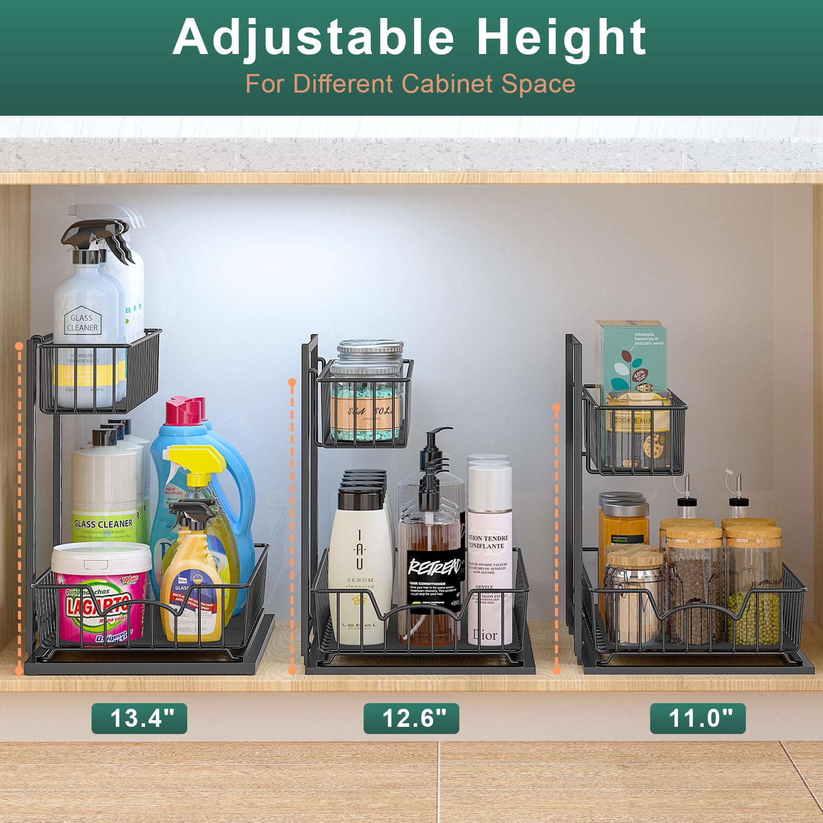 Beainbox Under Sink Organizer, Adjustable Metal Under Sink Storage, Put Out Sink Cabinet Organizer of Kitchen Bathroom