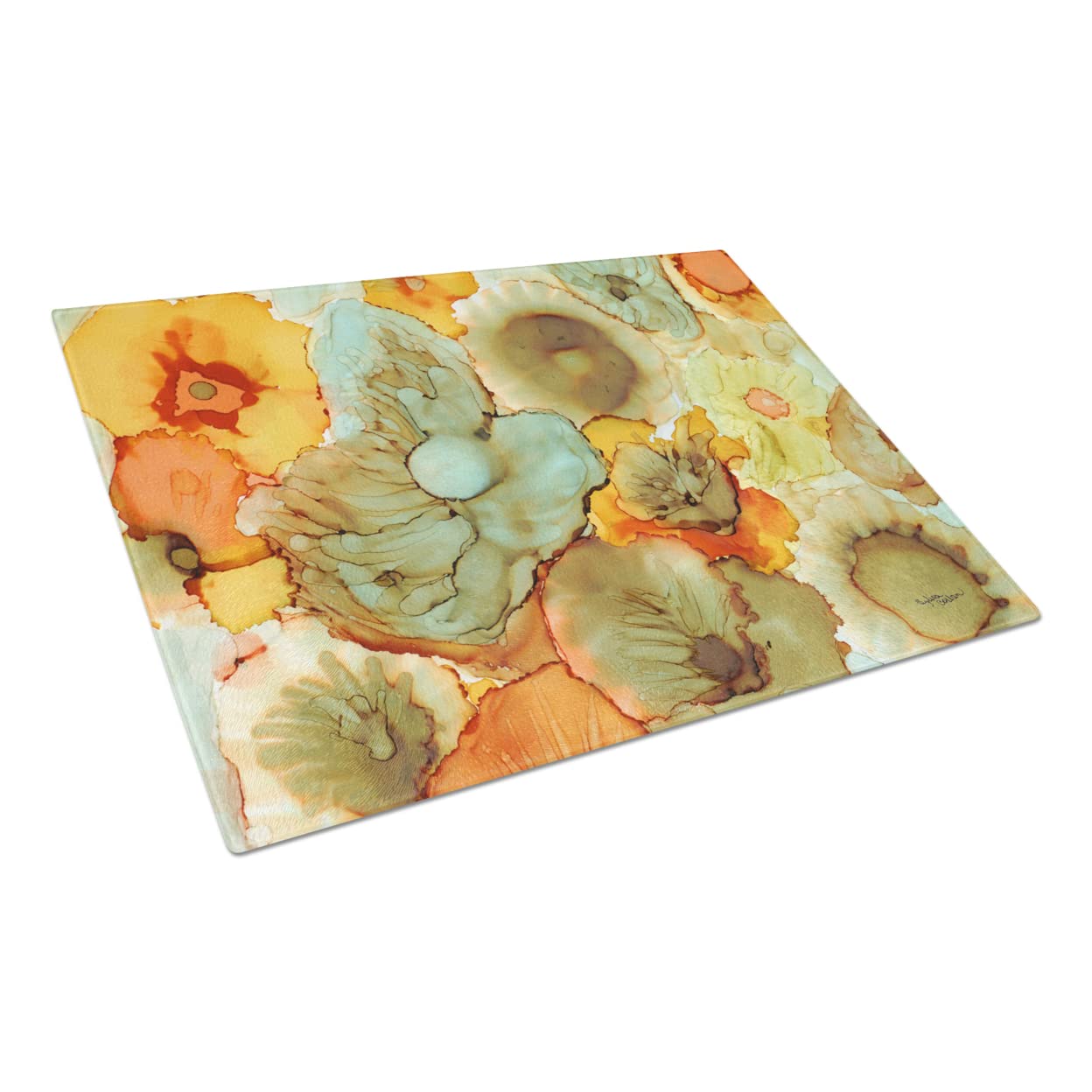 Caroline's Treasures 8969LCB Abstract Flowers Teal and Orange Glass Cutting Board Large Decorative Tempered Glass Kitchen Cutting and Serving Board Large Size Chopping Board