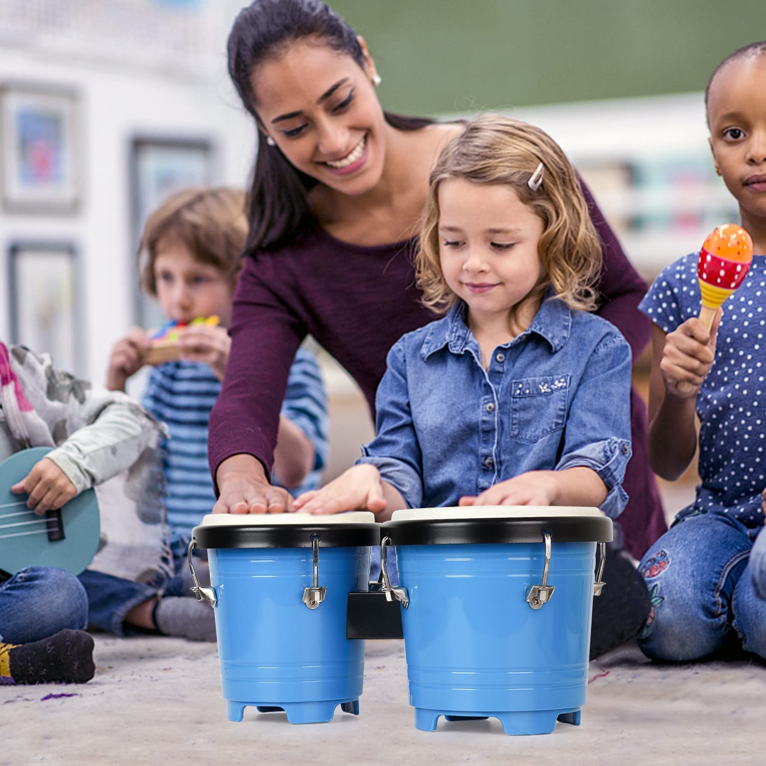 MUSCELL Bongos for Kids,5" and 6" Plastic Small Bongo Drums,Natural Sheepskin Head,w/ 8pcs Egg Shakers,for Baby Children Special Christmas Birthday Gift - Blue