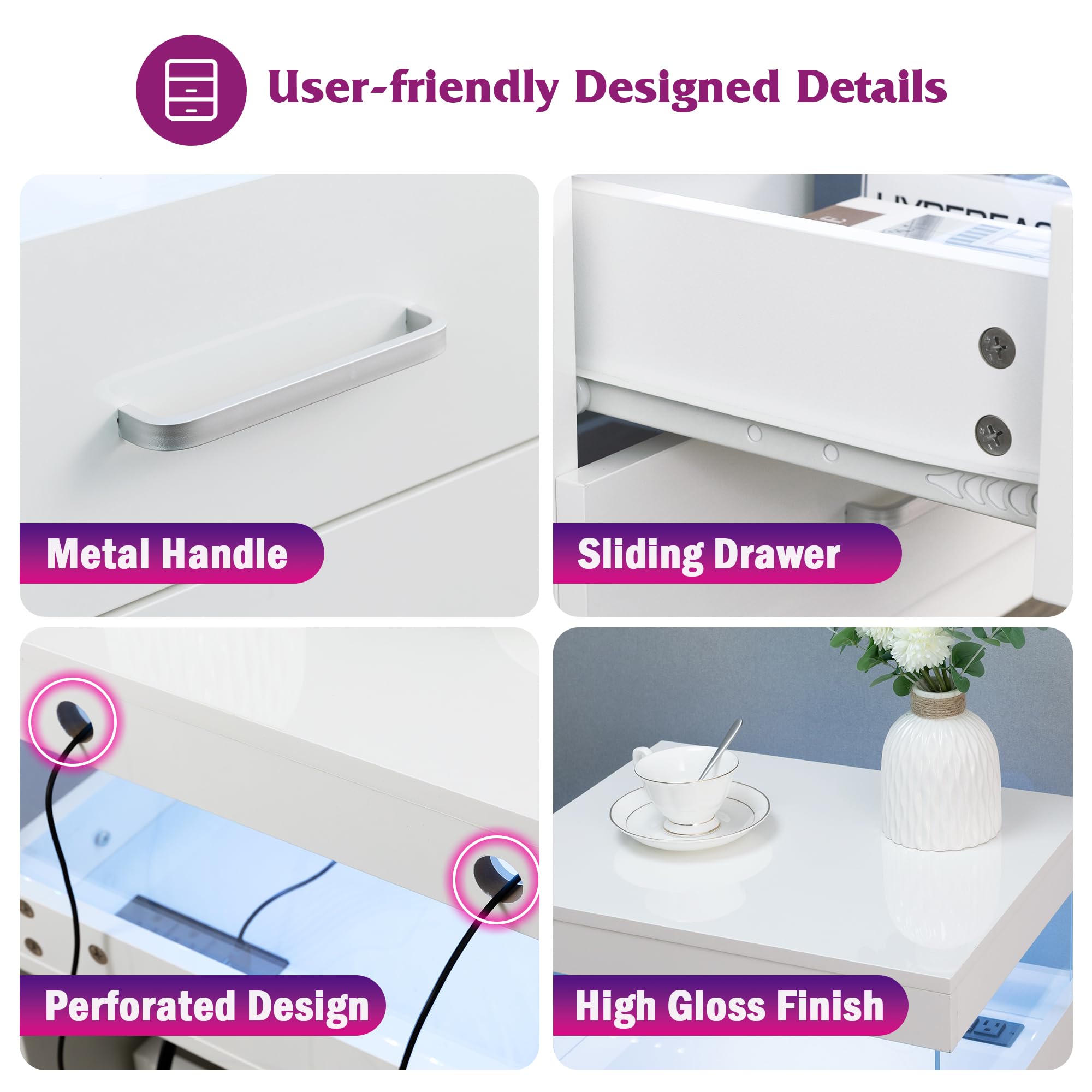 DMIDYLL High Glossy LED Nightstand, White Night Stand with Charging Station and LED Lights, Wood Night Stand with Drawers & Open Shelf, Smart Nightstand for Bedroom
