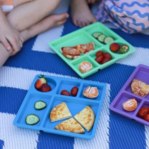 bobo&boo Bamboo Kids Divided Bento Plate, Sectioned Toddler Plate, Childrenās Compartment Plates, 5 Portioned Sections, Mix and Match, Dolphin Blue