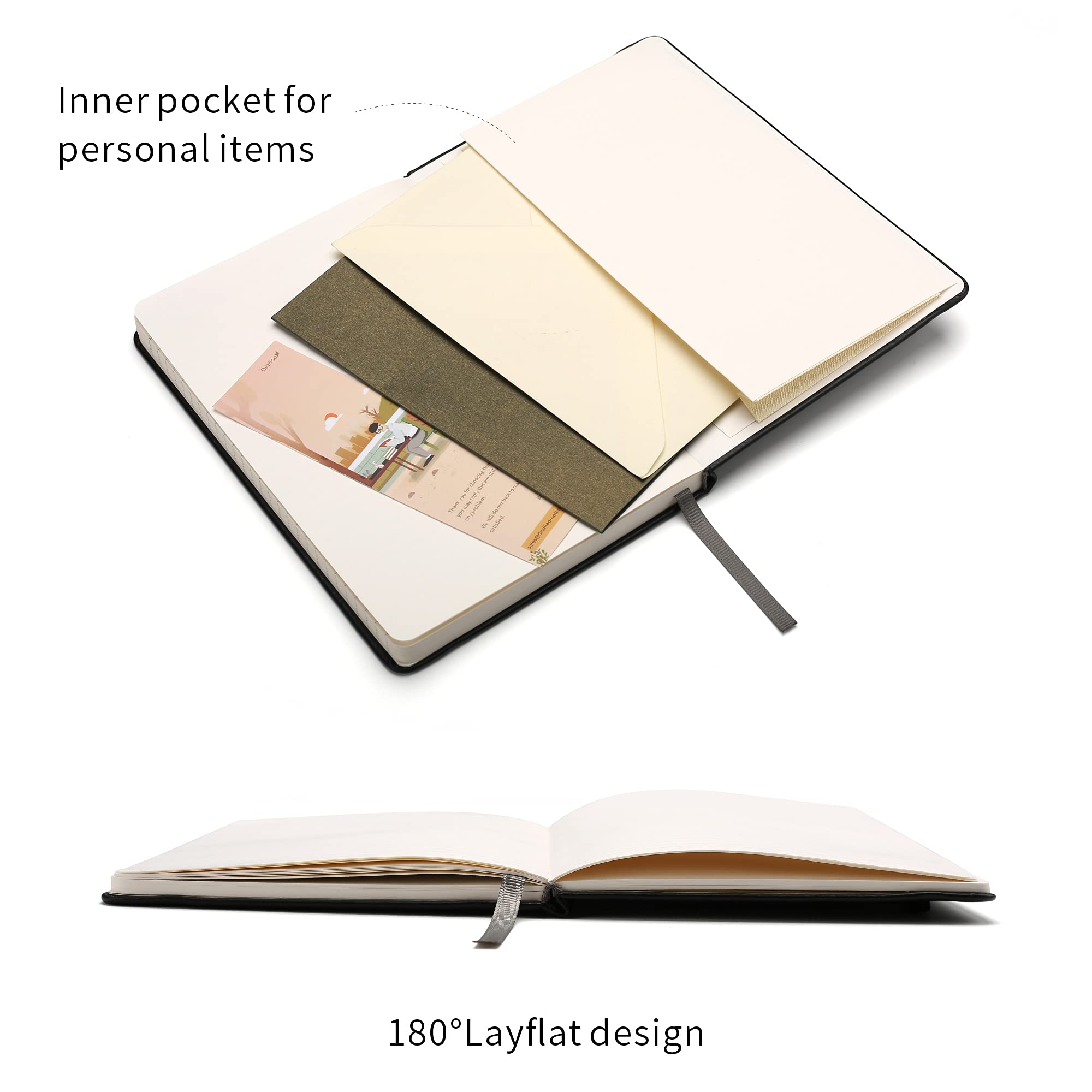 Deziliao Hardcover Notebook Journal 160 Pages, Lined Journal Notebooks for Work, 100Gsm Premium Thick Paper with Pocket, Medium 5.7"x8.4" (Black, Ruled)