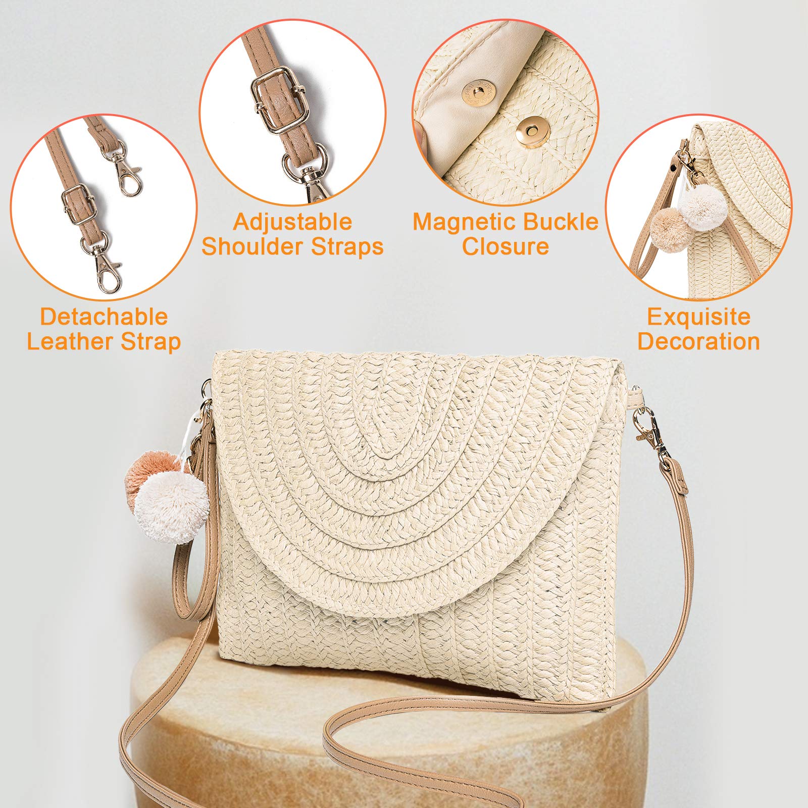 Kadell Straw Shoulder Bag, Straw Clutch Women Handmade Straw Bag Summer Beach Envelope Purse Wallet (Off-white)