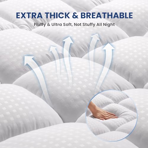 Queen Mattress Topper for Back Pain Extra Thick Mattress Pad Cover with 8-21 Inch Deep Pocket Pillow Top Mattress Topper Overfilled with Down Alternative, White