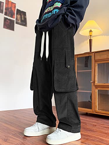 Floerns Men's Casual Corduroy Pants Drawstring Waist Straight Leg Cargo Pants Black M