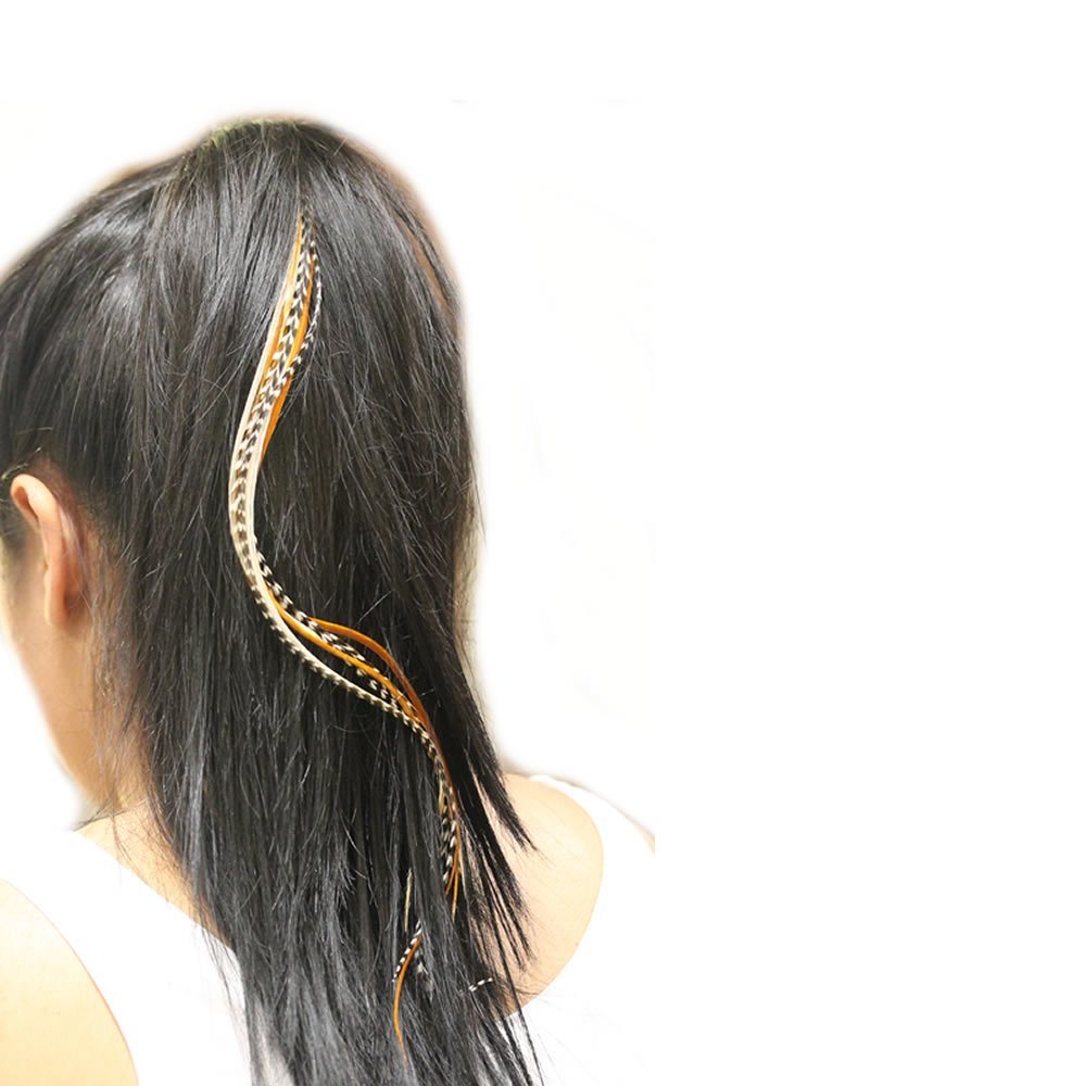 Natural Beige and Brown Feather Hair Extension β Ranging from 8 to 12 Inches, Seven Genuine Rooster Feathers Bonded Together, Includes Two Silicone Micro Beads