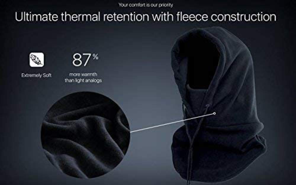 Balaclava Fleece Hood - Windproof Face Ski Mask - Ultimate Thermal Retention & Moisture Wicking with Performance Soft Fleece Construction, Black, One Size