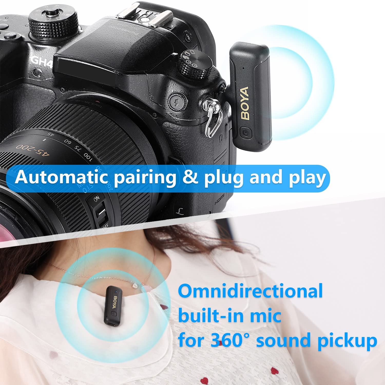 BOYA 2.4GHz Wireless Lavalier Microphones for Camera DSLR Camcorder External Mini 3.5mm Lapel Microphone for Cell Phone Smartphone Clip-On Mic for Video Recording Podcast YouTube Live Streaming