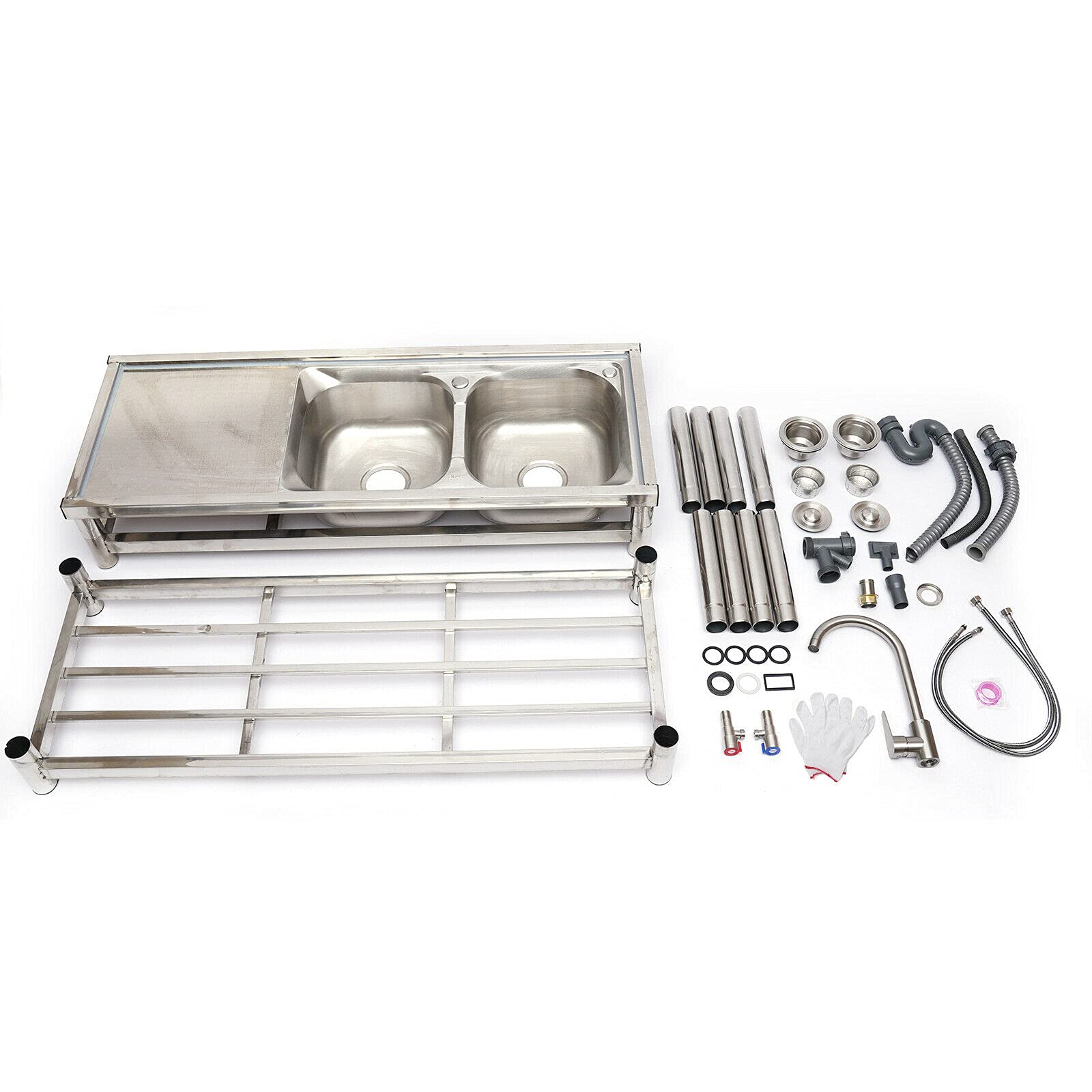 Commercial Sink Basin w/Faucet Catering Prep Table Kitchen Shelf Stainless Steel Outdoor Sink Freestanding with 2 Shelves 2 Drainer for Garage,Restaurant