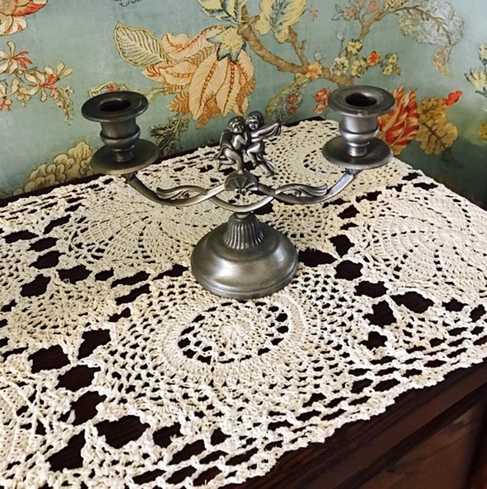 USTIDE 100% Cotton Crochet Lace Rectangular Table Runner Bedside Table Cover Ecru Dresser Scarf Doilies,2pcs 11 Inch X23 Inch