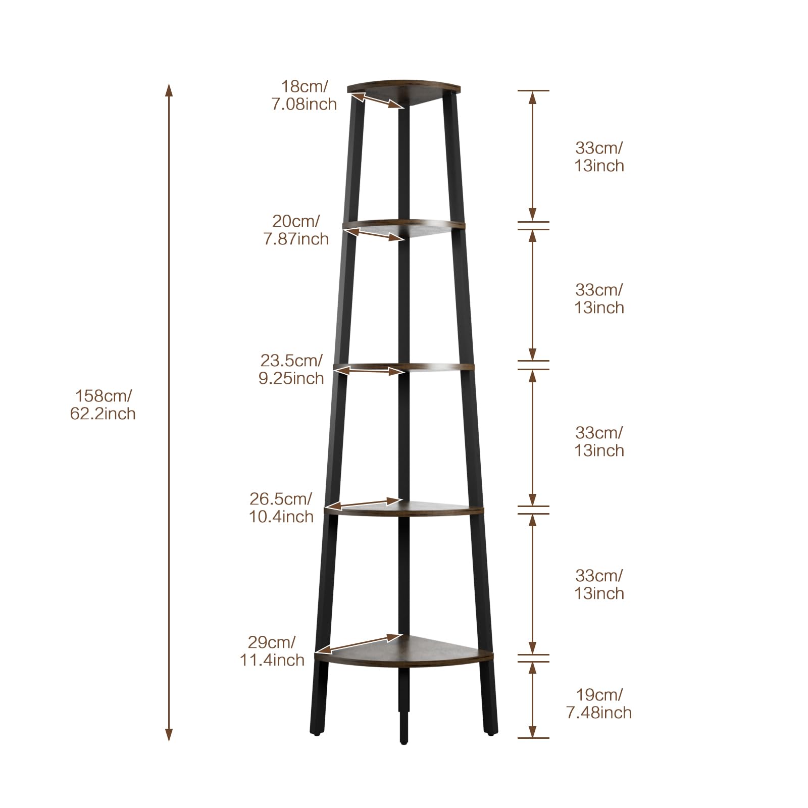 Corner Shelf Stand,5-Tier Corner Bookshelf Storage Standing Unit with Metal Frame,Corner Bookcase Plant Stand for Living Room,Bathroom,Home Office,Bedroom,Rustic Brown